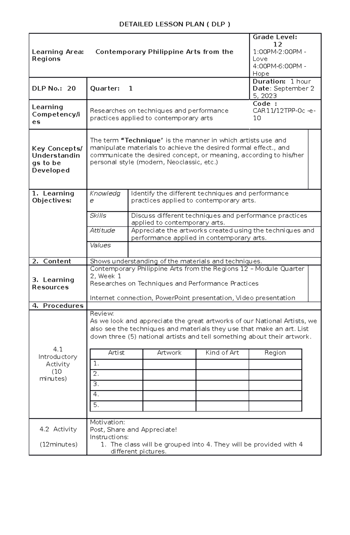 DLP DAY 20 - DLP - DETAILED LESSON PLAN ( DLP ) Learning Area: Contemporary Philippine Arts from ...