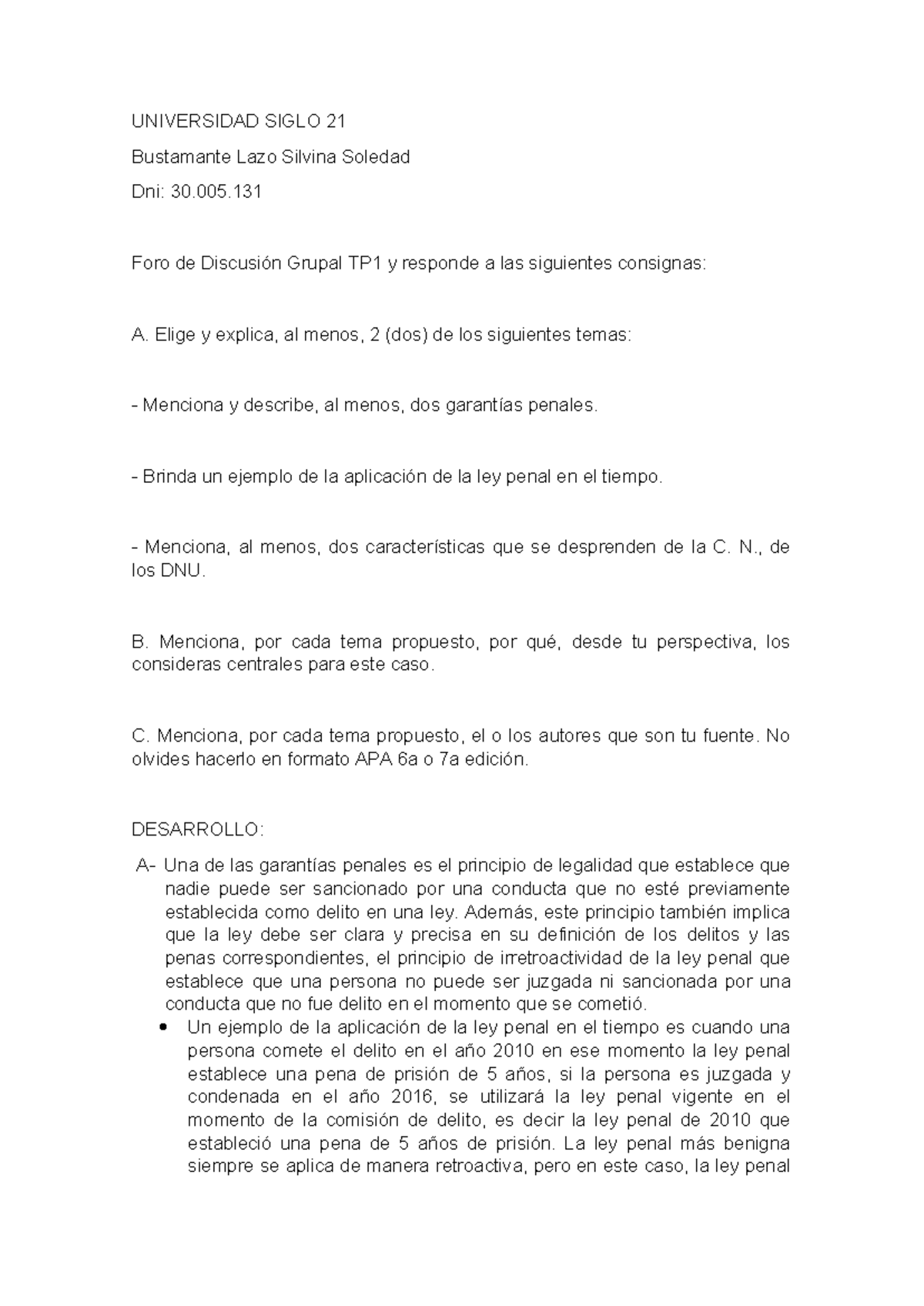 Derecho Penal - Foro de Discusión Grupal TP1 - Studocu