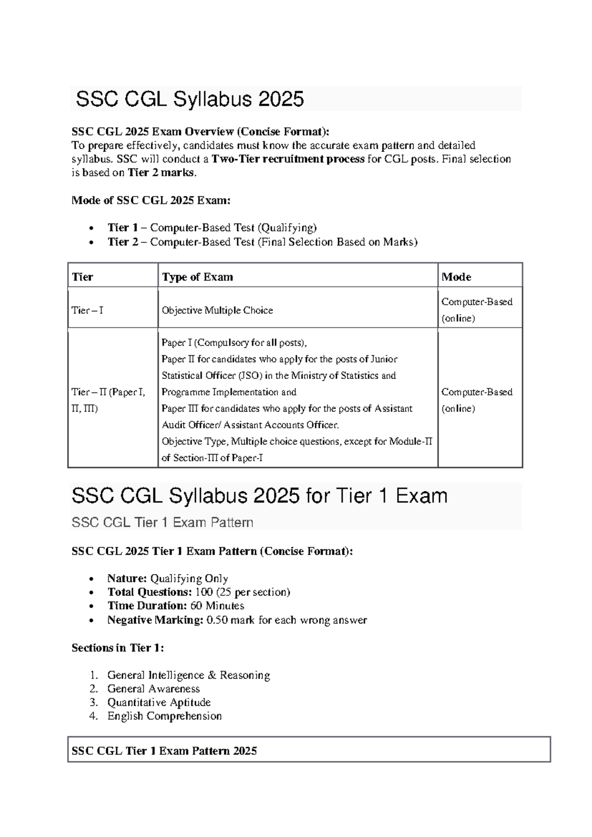 SSC CGL 2025 Exam Syllabus & Pattern Overview (Concise Format) - Studocu