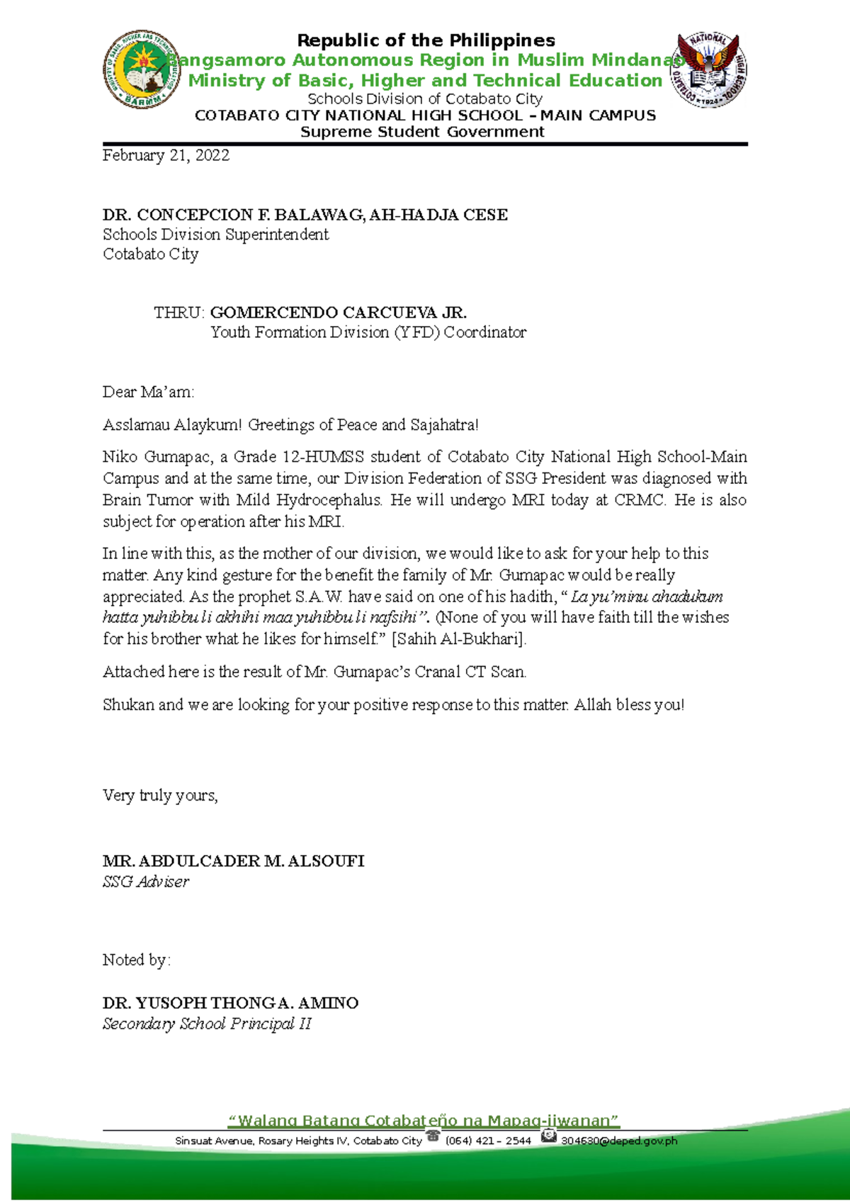 Sample Letter to Schools Division Superintendent - Support Request ...