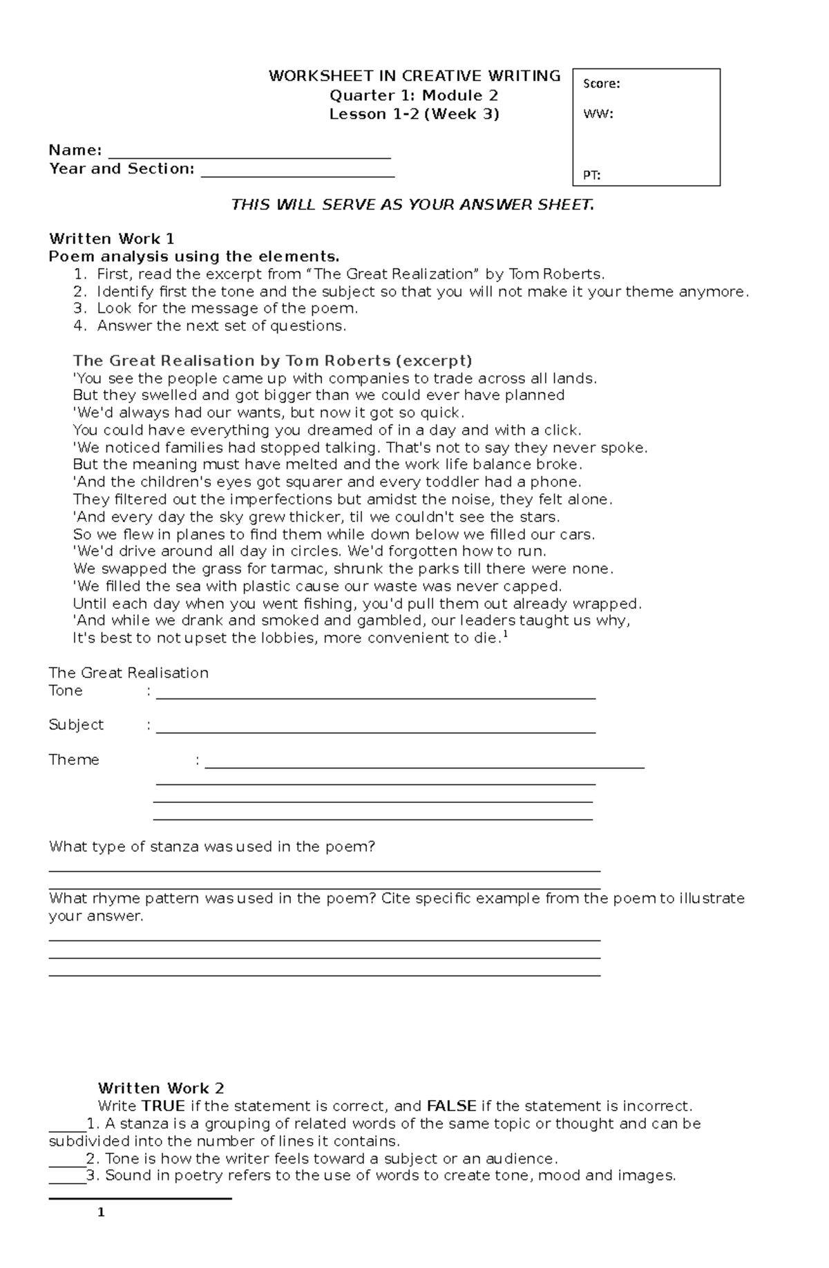 Cw worksheet week 3 - WORKSHEET IN CREATIVE WRITING Quarter 1: Module 2 ...