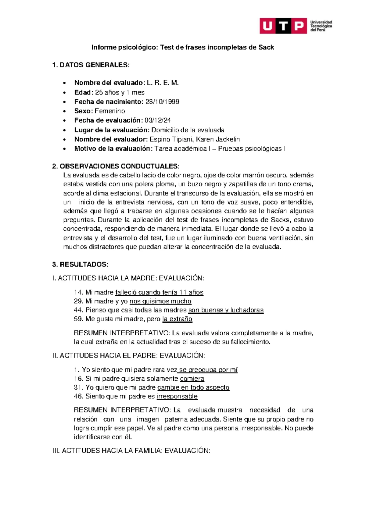 Informe del Test de Frases Incompletas de Sacks - Psicológicas I - Studocu