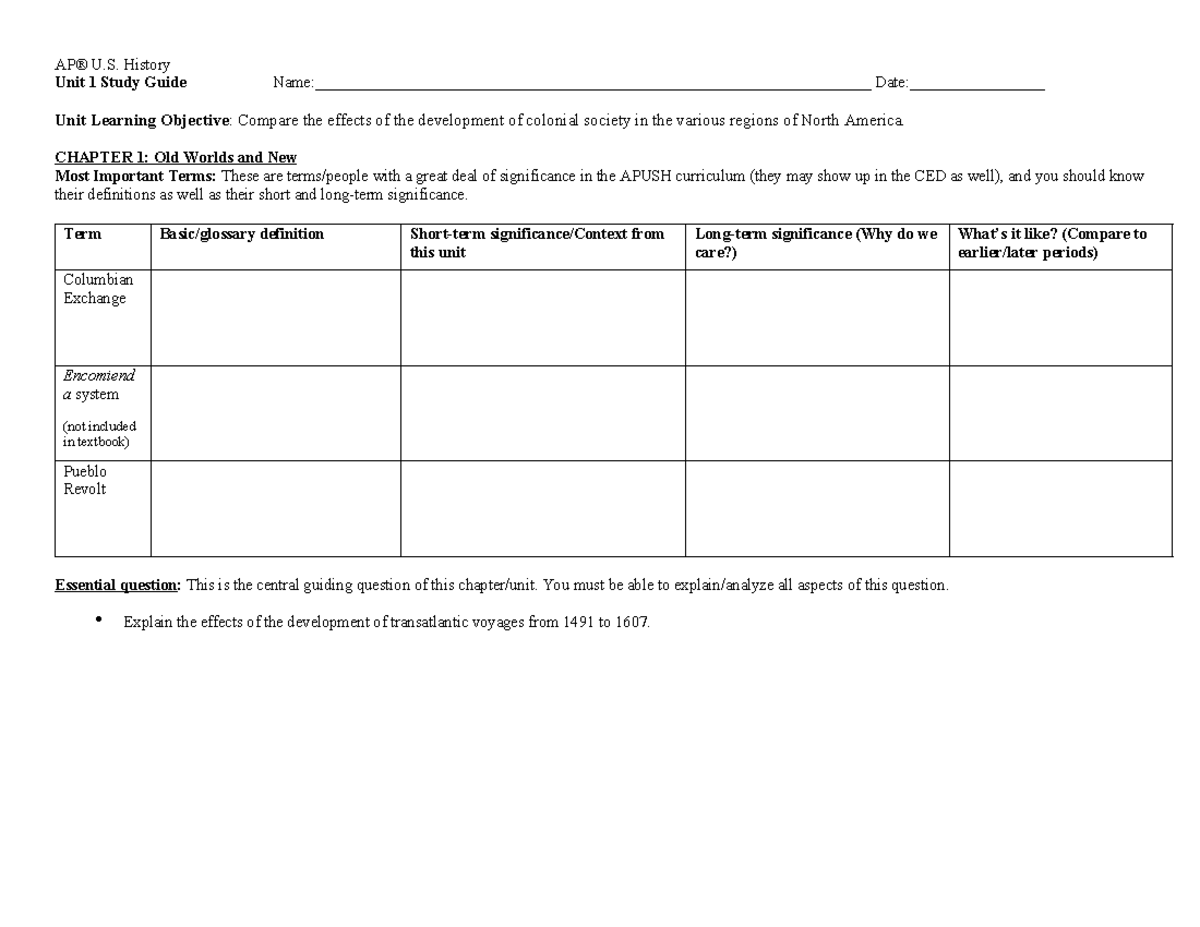 Apushunit 1Study Guidefor Give Me Liberty Chapter 17th APed-1 - AP® U ...
