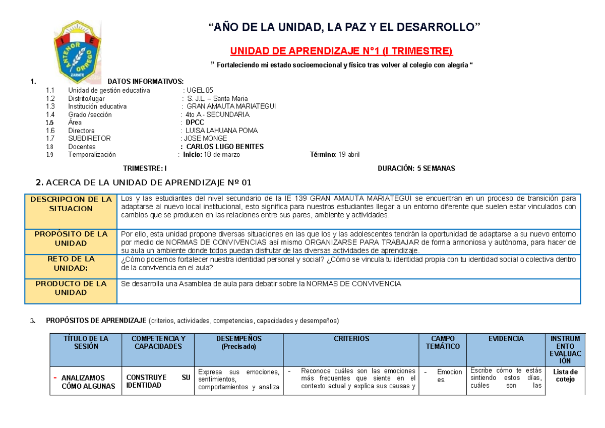 EDA 1. DPCC 4° SEC 2023 - dpcc - “AÑO DE LA UNIDAD, LA PAZ Y EL DESARROLLO” UNIDAD DE ...