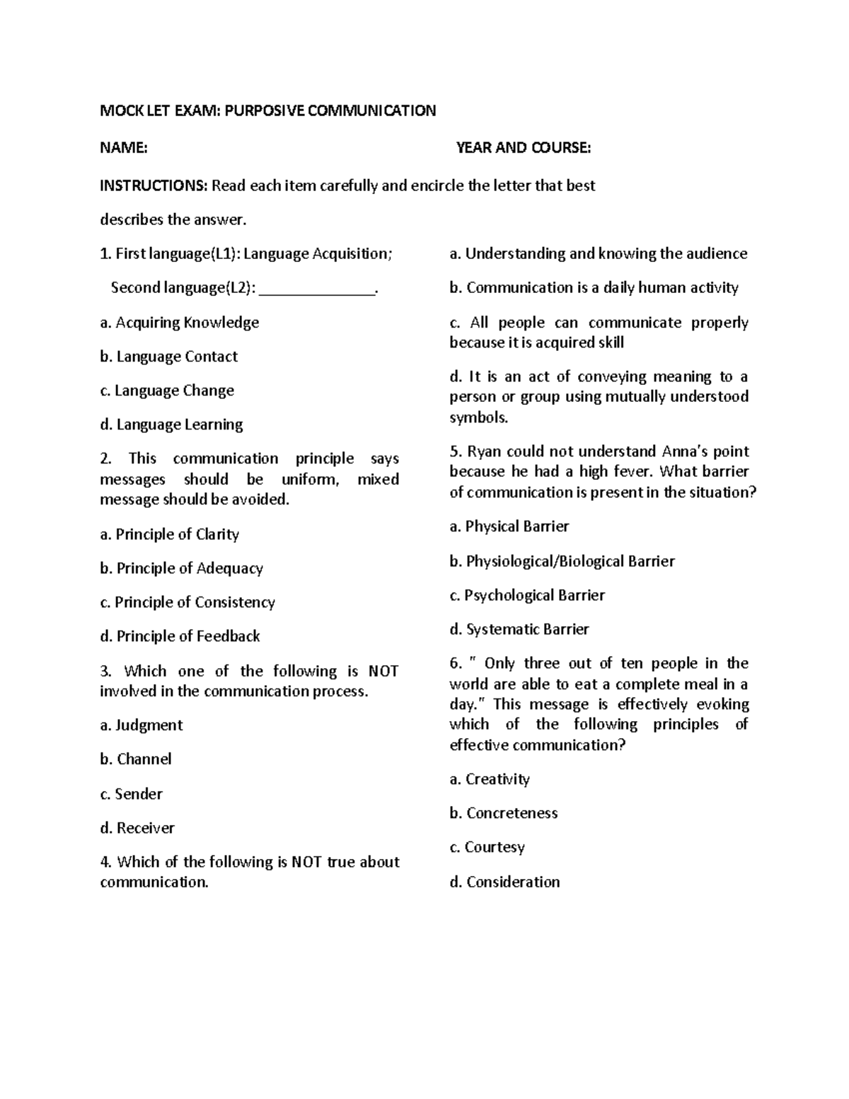 MOCK LET Exam: Purposive Communication Review and Practice - Studocu