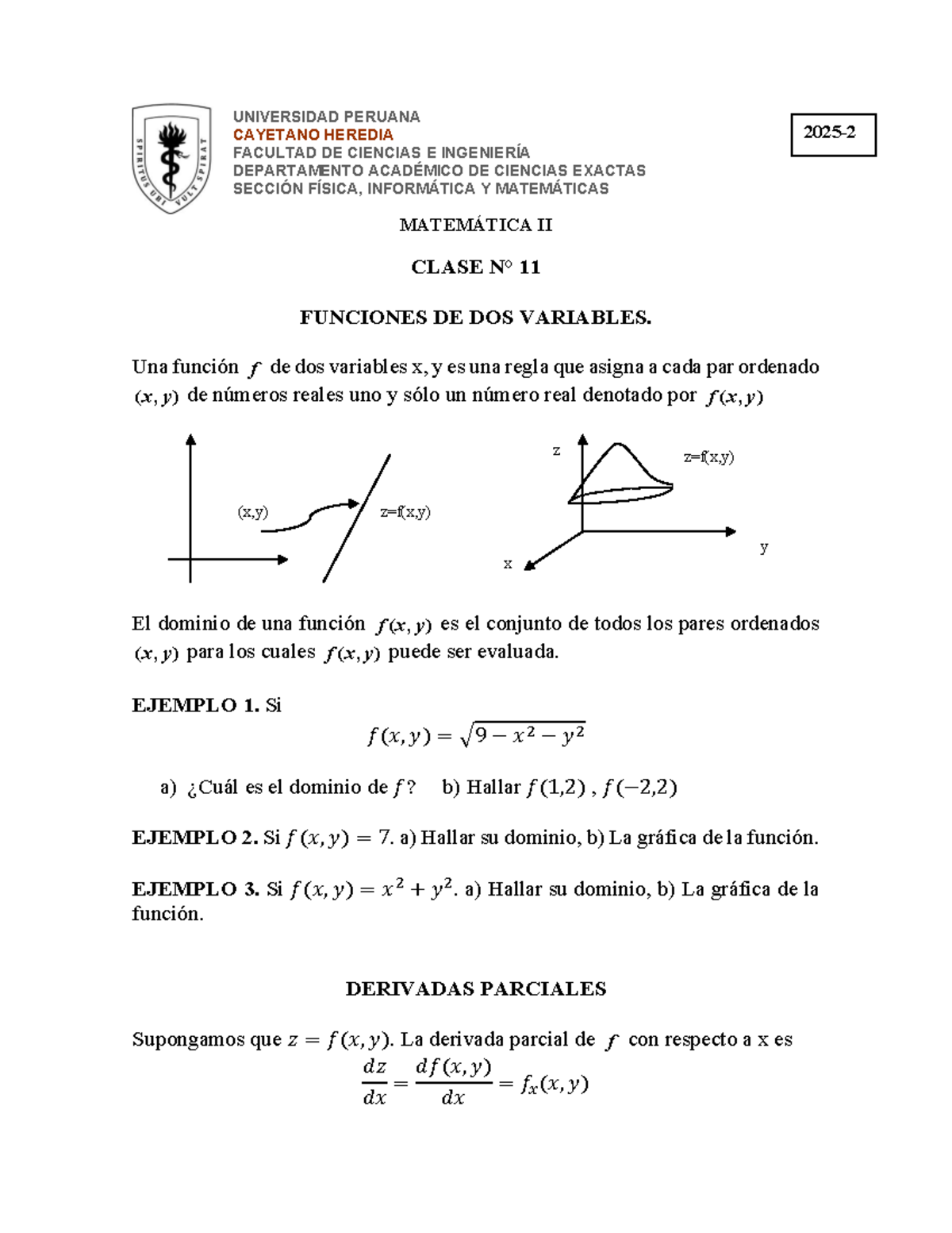 Matemática II - Clase 11: Funciones de Dos Variables y Derivadas ...