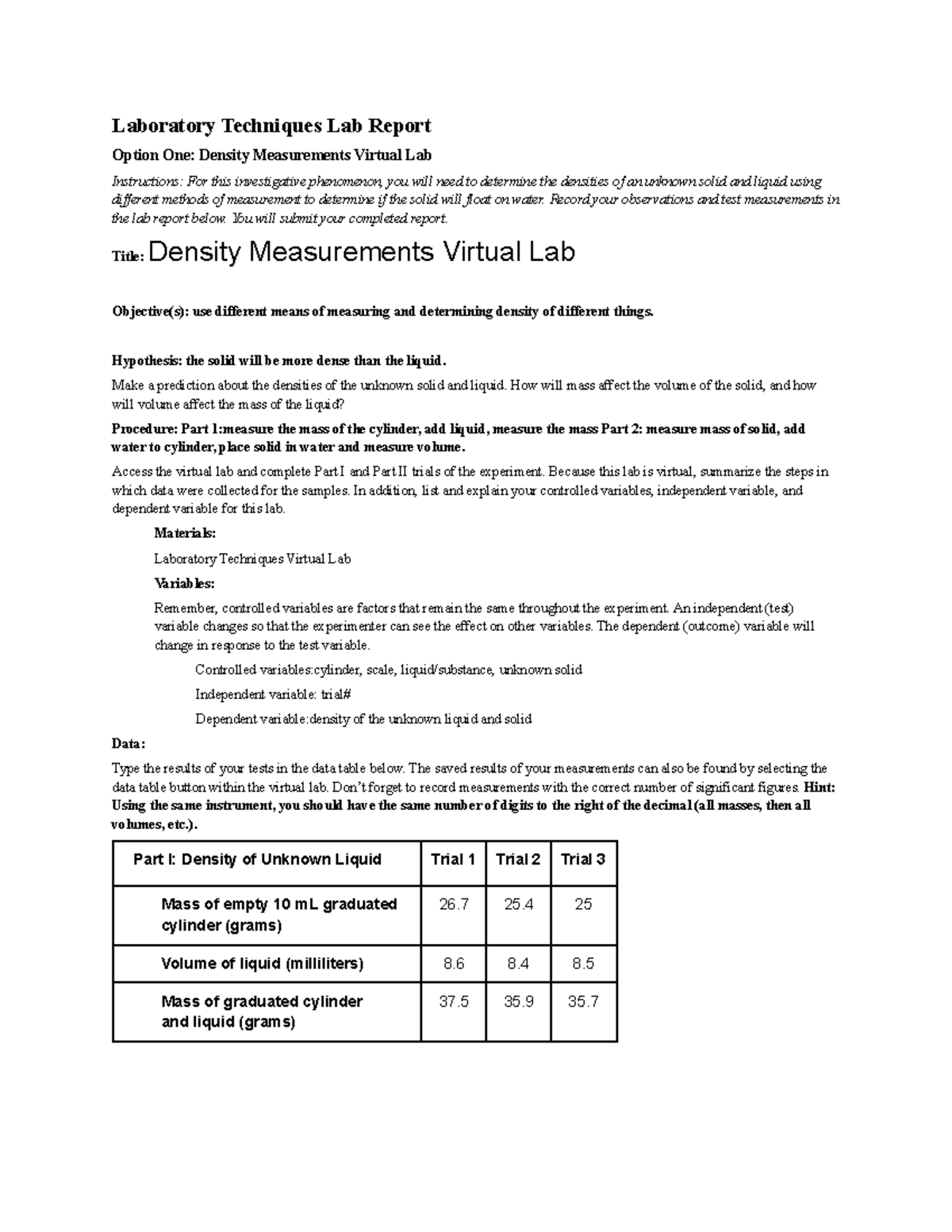 01.07 Laboratory Techniques - Laboratory Techniques Lab Report Option ...