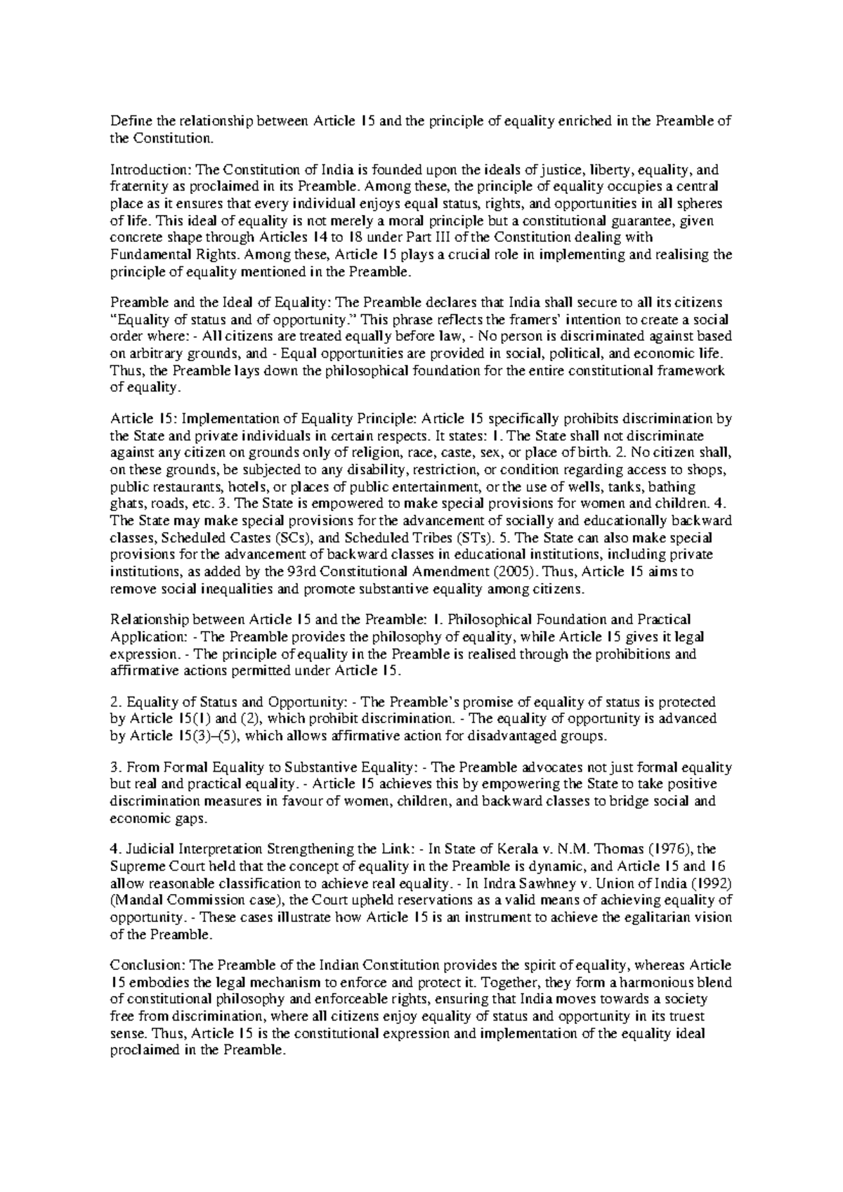 Relationship between Article 15 and Equality in the Preamble KSLU - Studocu