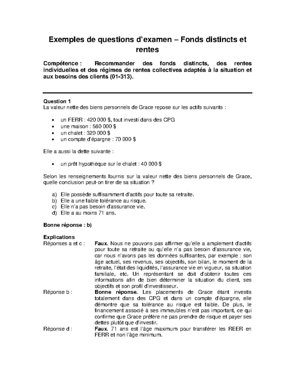 Exemples de Questions d'Examen – Fonds Distincts et Rentes (01-313 ...