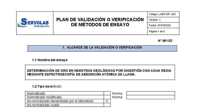 LAB-FOR-032 Plan de Validación de Métodos para Determinación de Oro ...