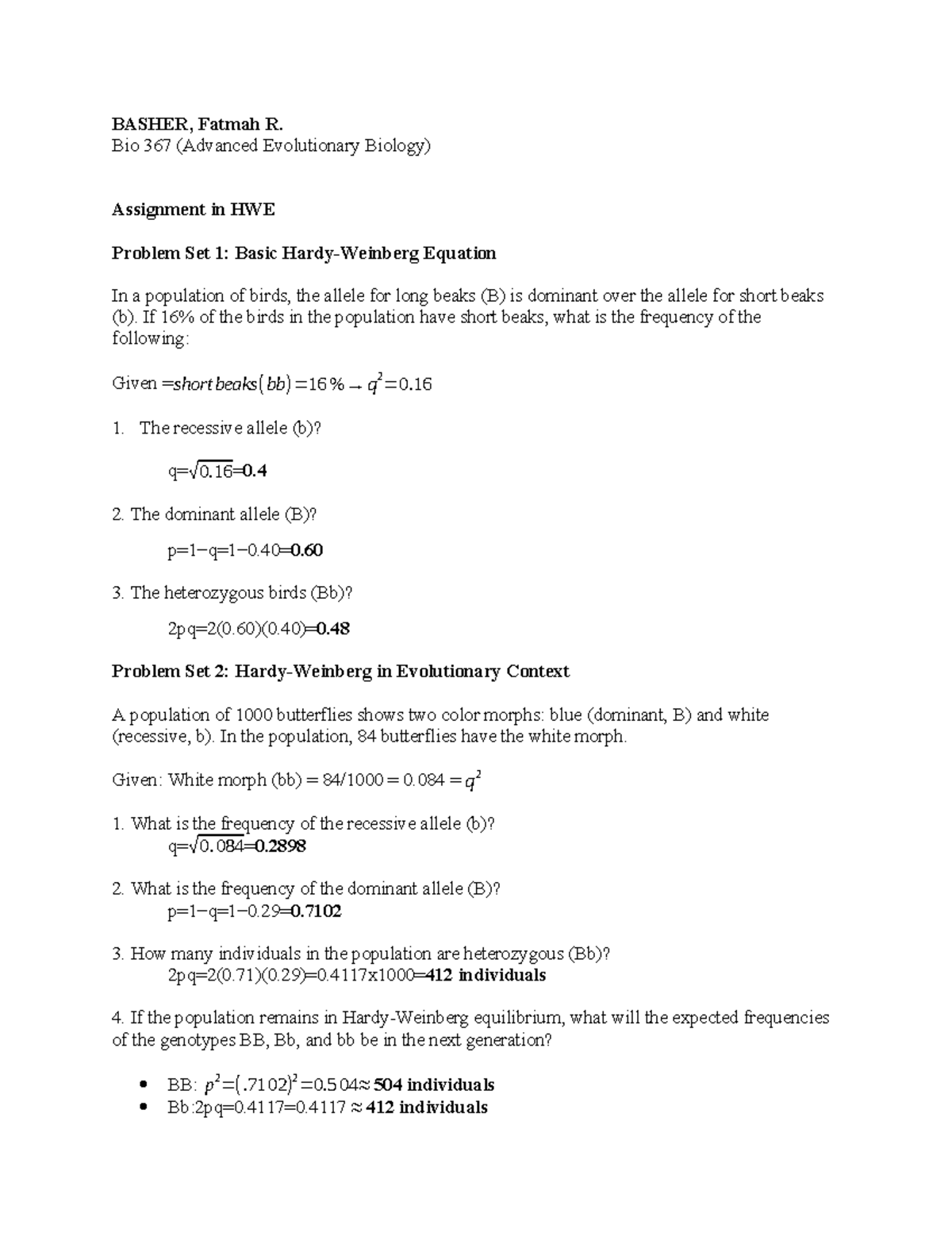 Bio 367 Final Exam: HWE Problem Sets Overview and Solutions - Studocu