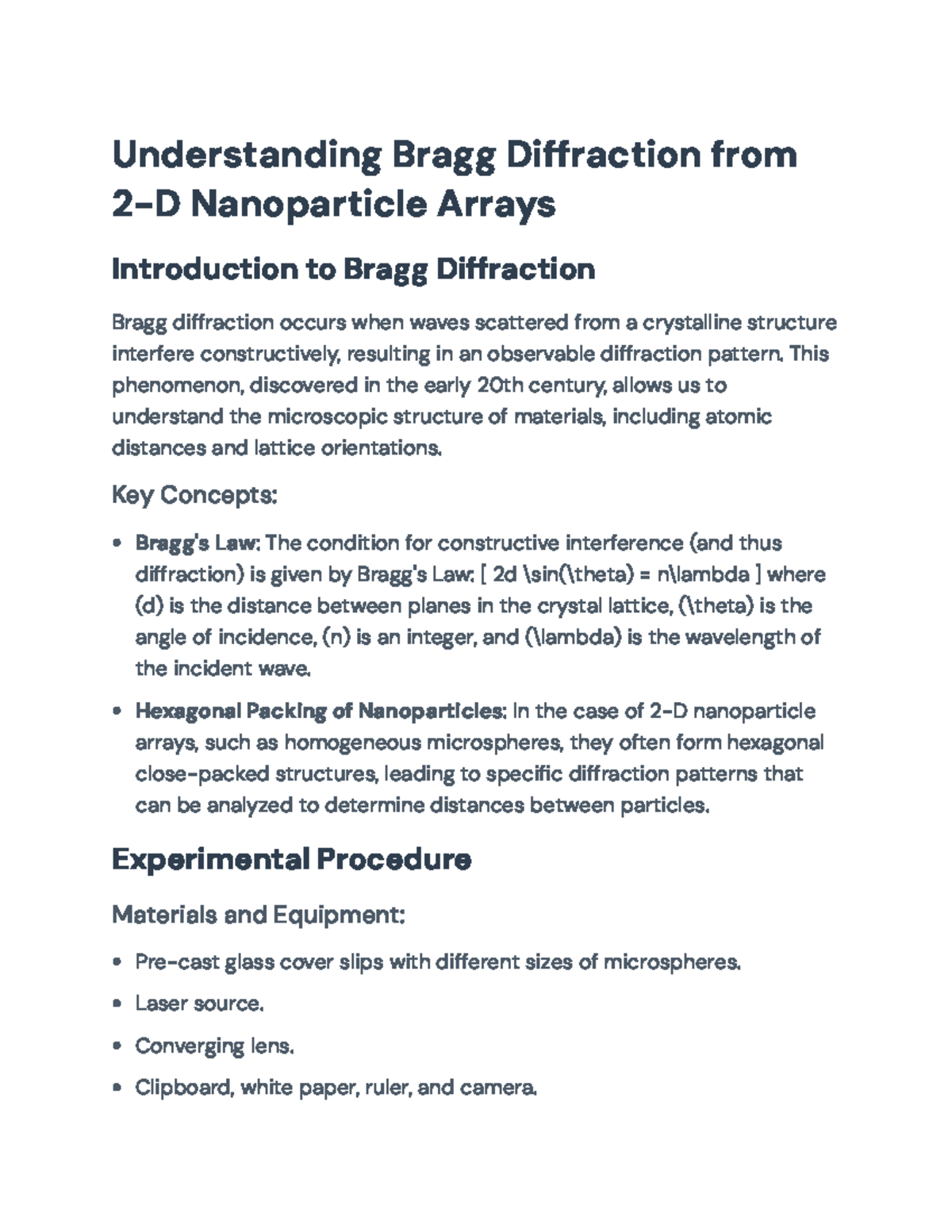 Bragg Diffraction Analysis of 2-D Nanoparticle Arrays: Methods ...