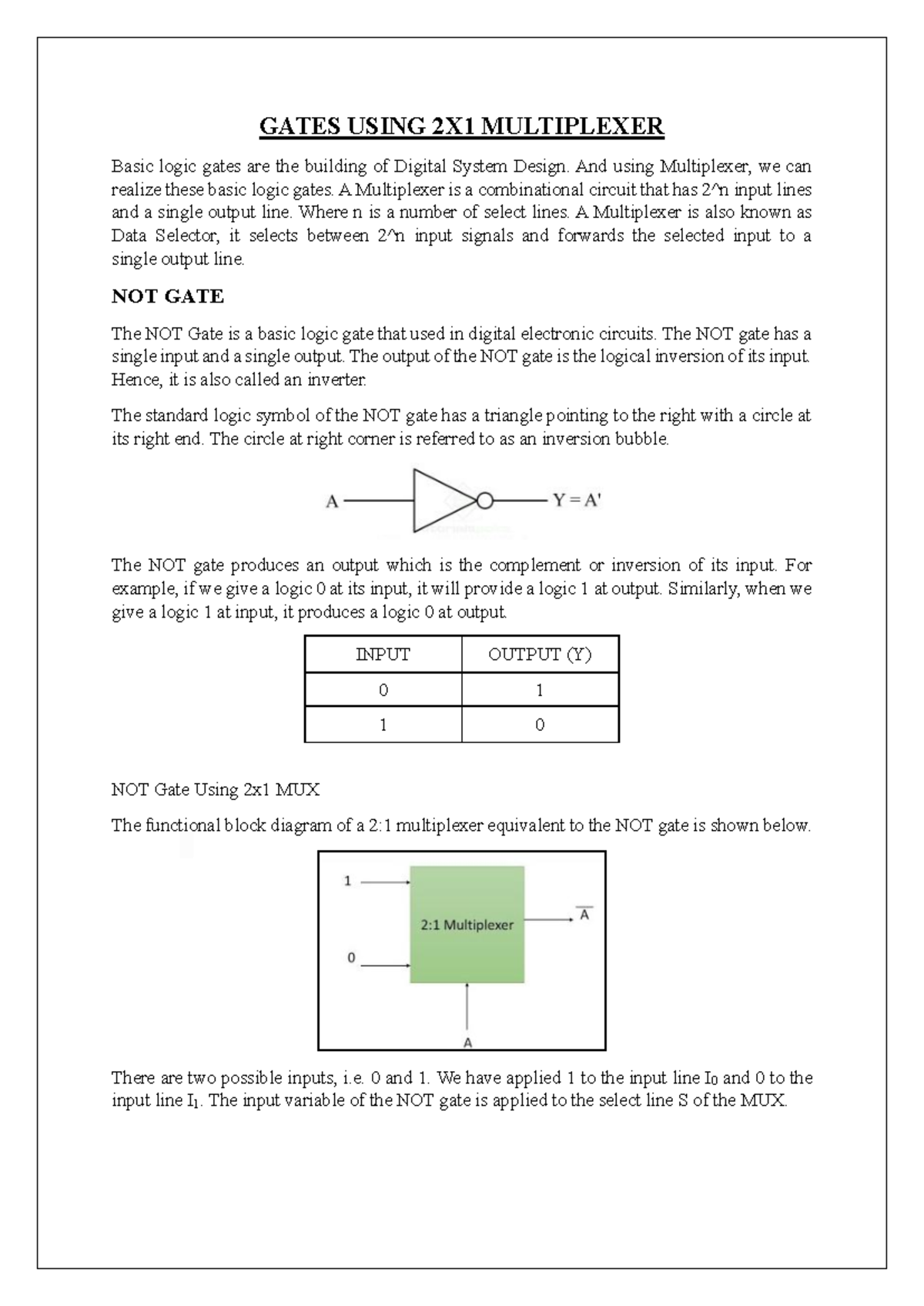 GATES USING 2X1 MUX: Logic Gates Realization in Digital Design - Studocu