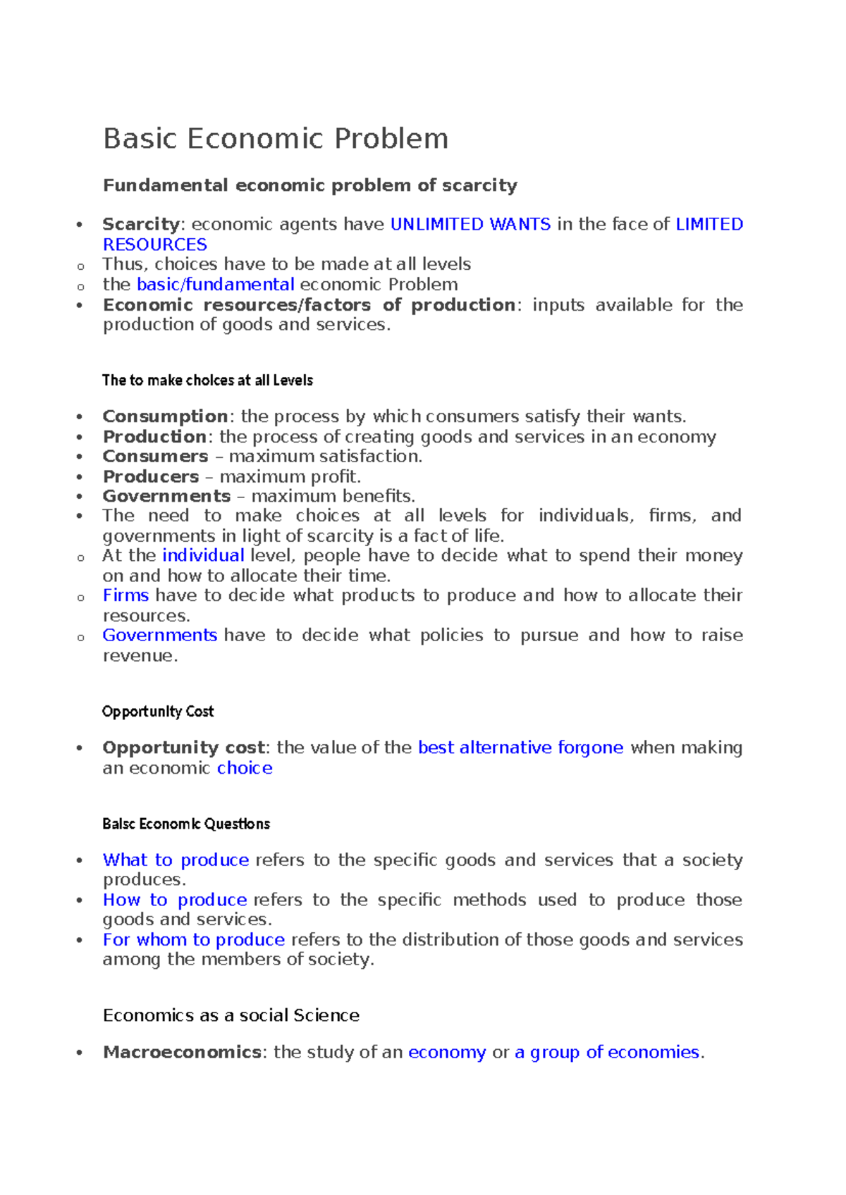 Basic Economic Problem - AS Notes (2025) on Scarcity and Choices - Studocu