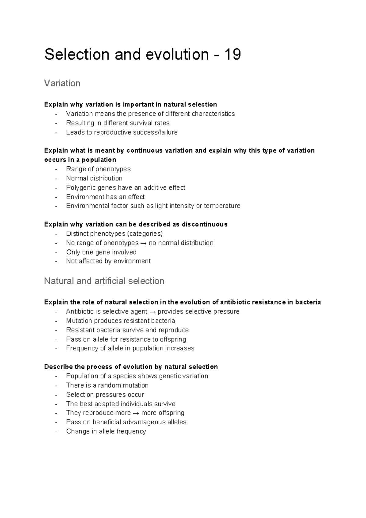 Selection and Evolution - collection of all past paper Qs with answers ...