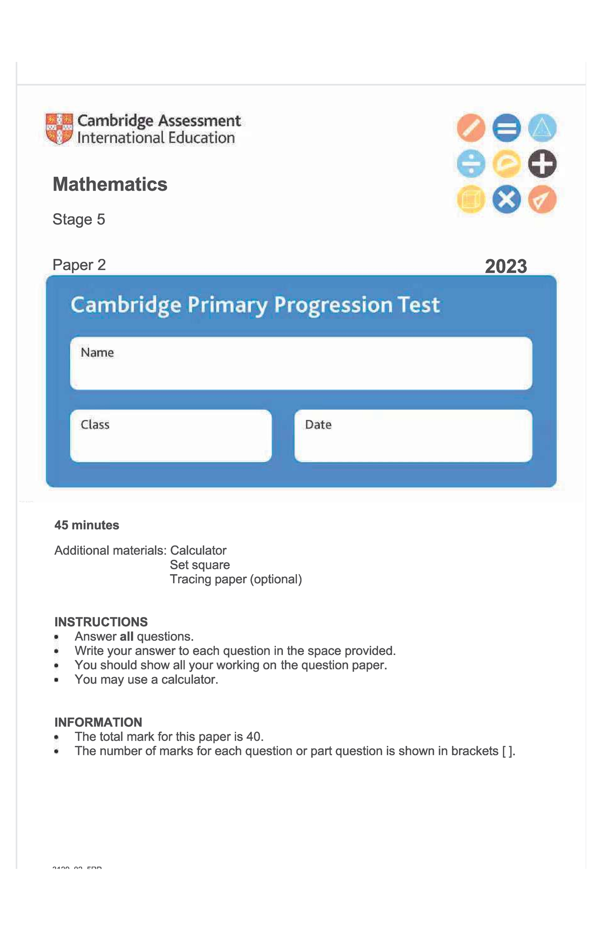 Mathematics Stage 5 Paper 2 Progression Test - Cambridge Assessment ...