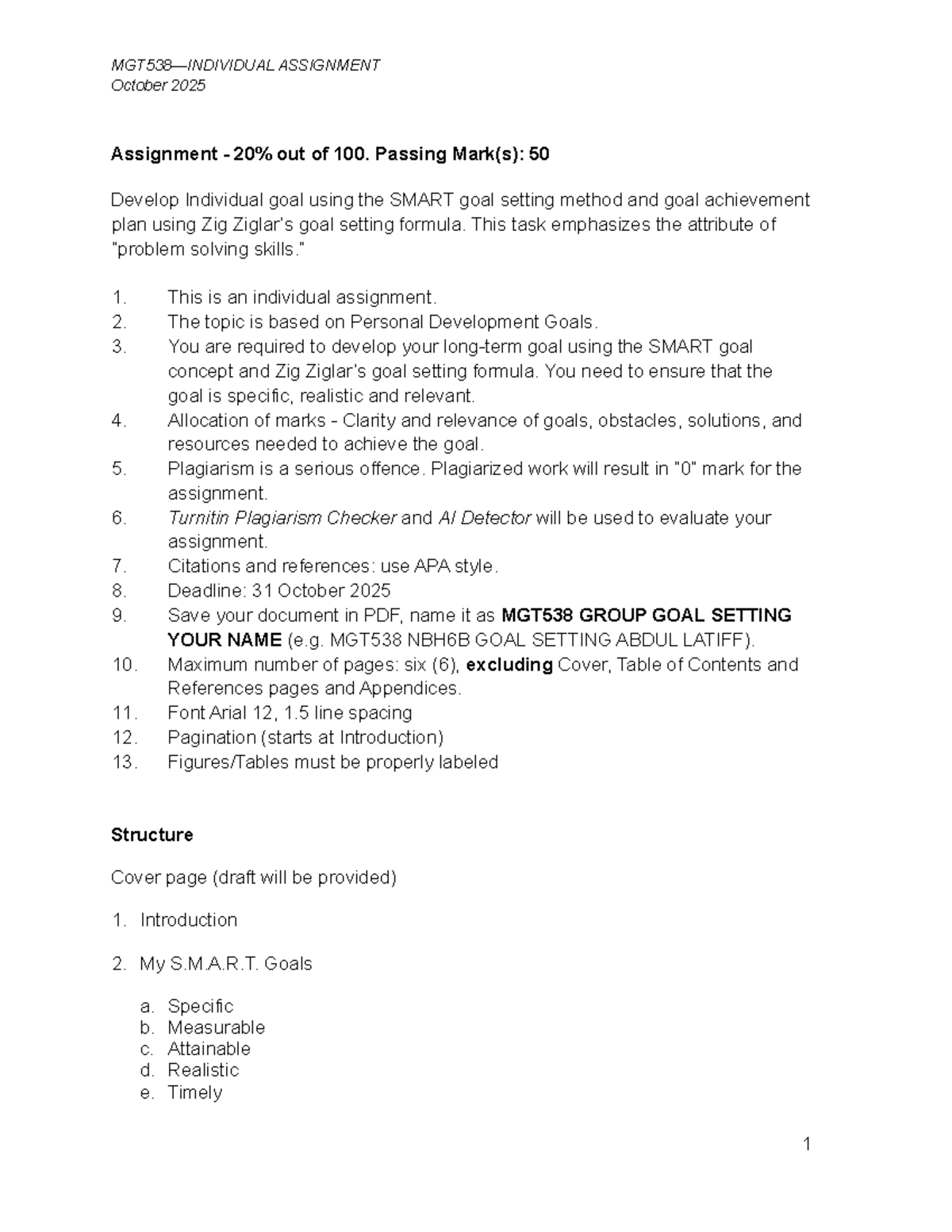 MGT538 Individual Assignment: SMART Goals & Zig Formula - Studocu
