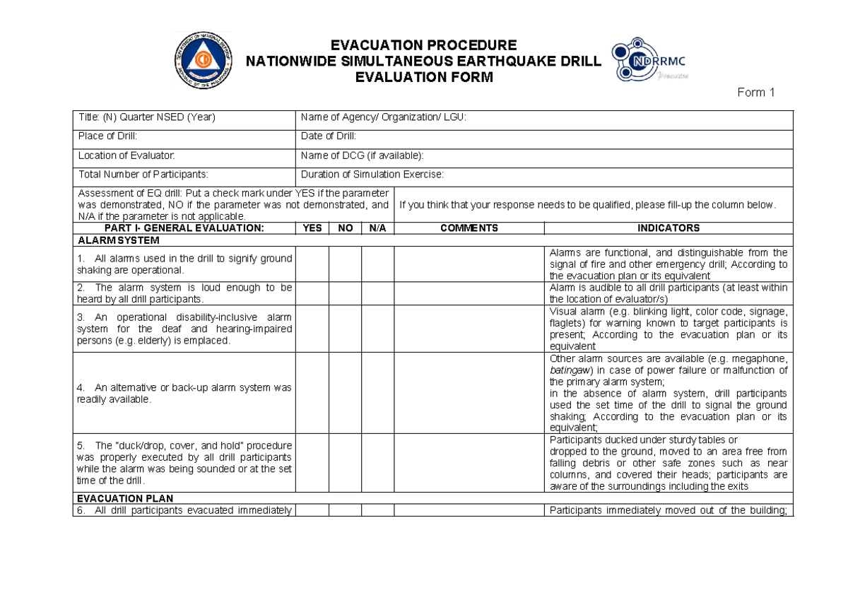 NSED Evaluation Form for Nationwide Earthquake Drill 2023 - Studocu