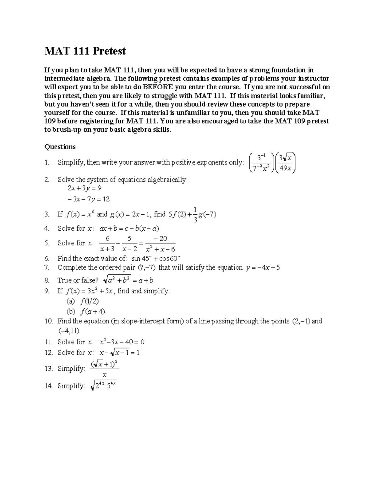 MAT 111 Final Exam Practice Test 1 - Essential Algebra Questions - Studocu