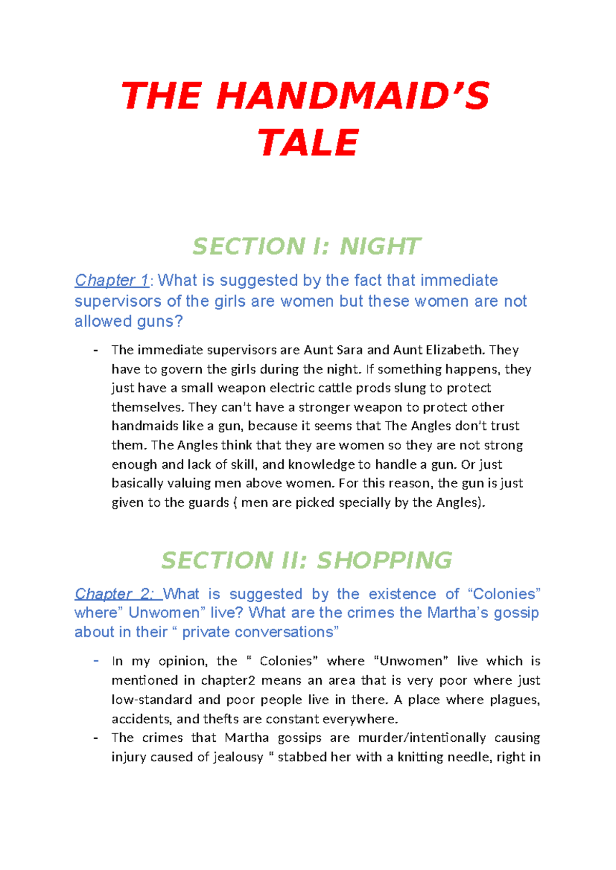 THE Handmaid - THE HANDMAID’S TALE SECTION I: NIGHT Chapter 1: What is ...