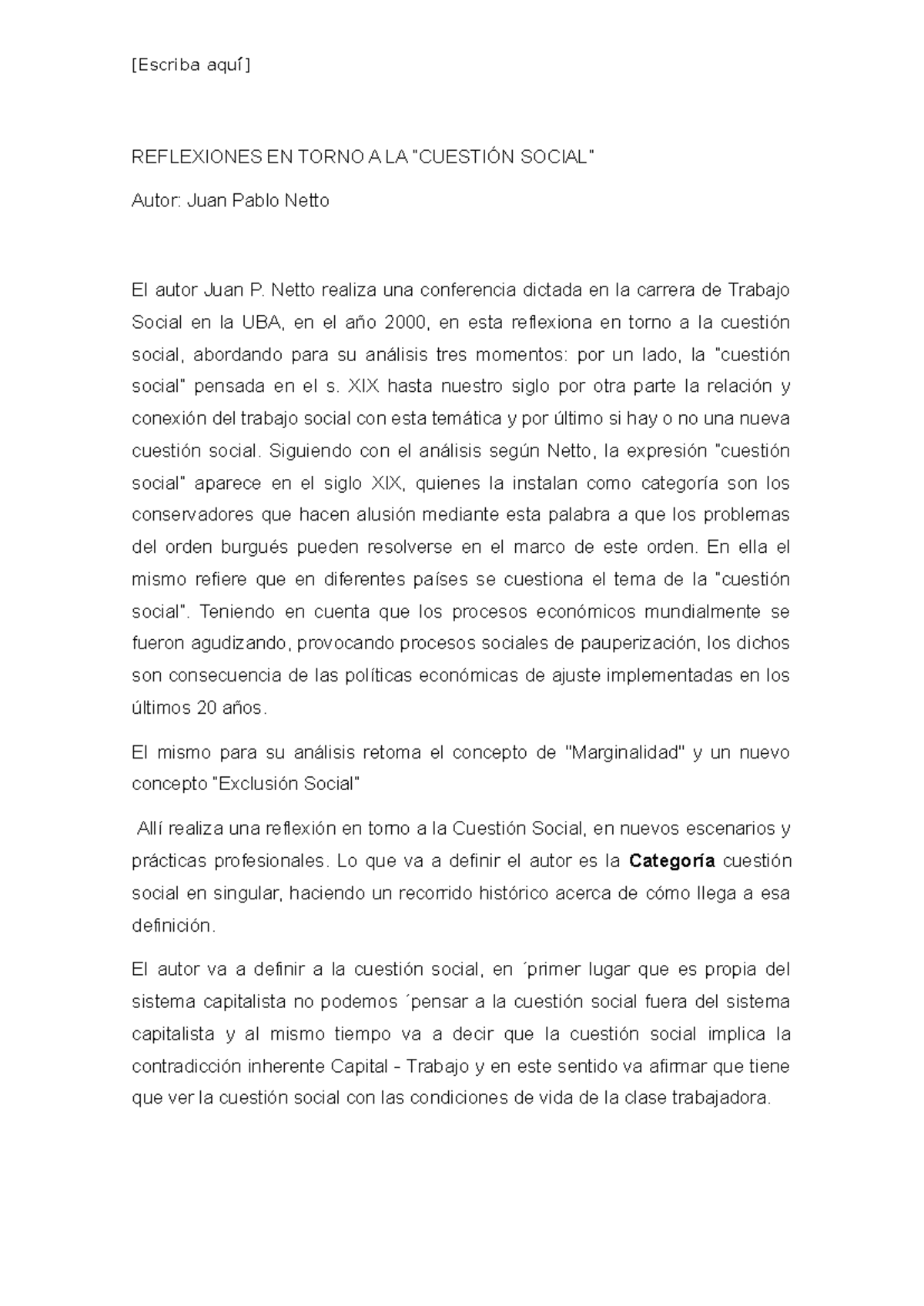 Netto Reflexiones sobre la Cuestión Social en Trabajo Social UBA - Studocu