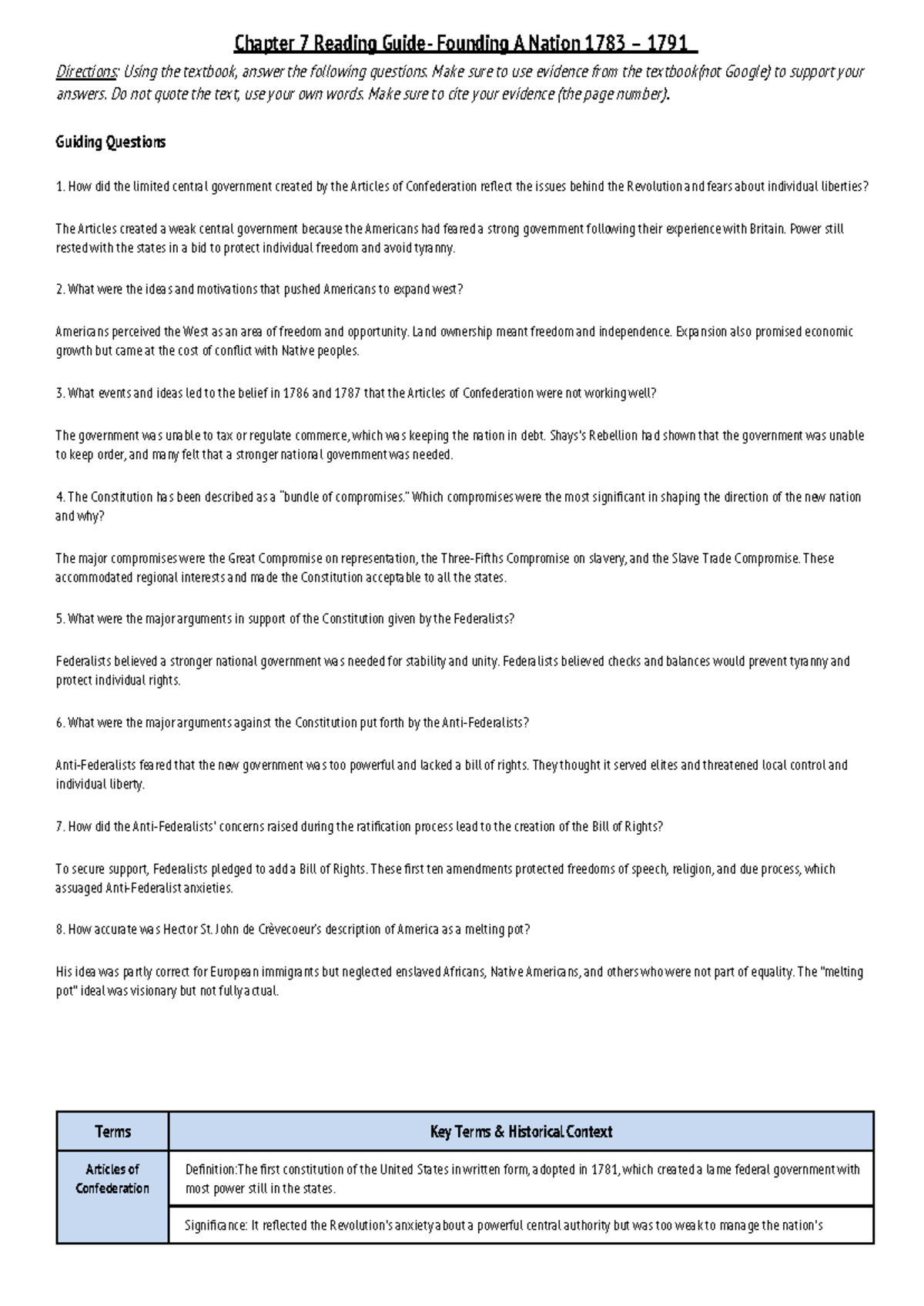 Ch. 7 Reading Guide: Founding A Nation (1783-1791) Analysis - Studocu