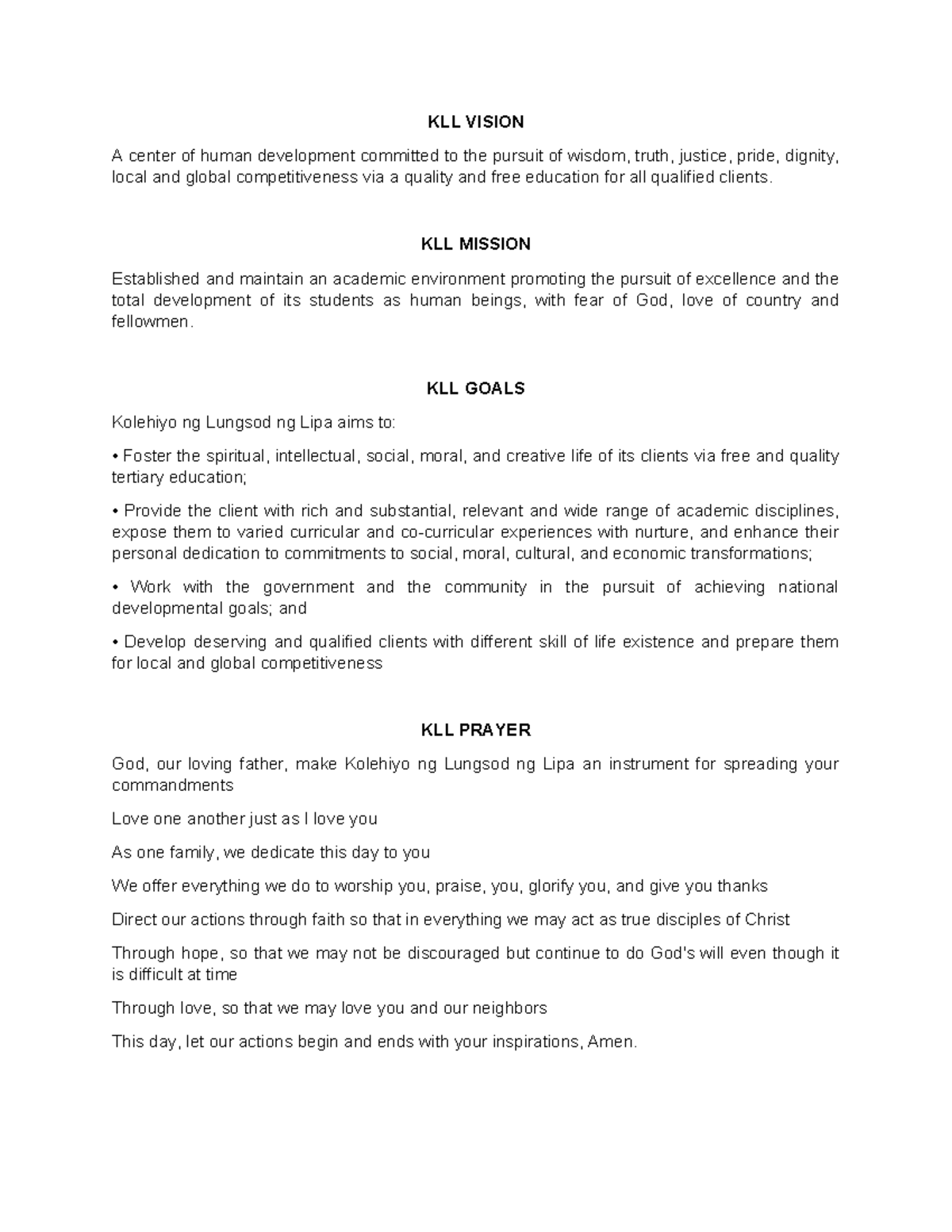 KLL Mission, Vision, Goals, and Hymns: Overview and Significance - Studocu