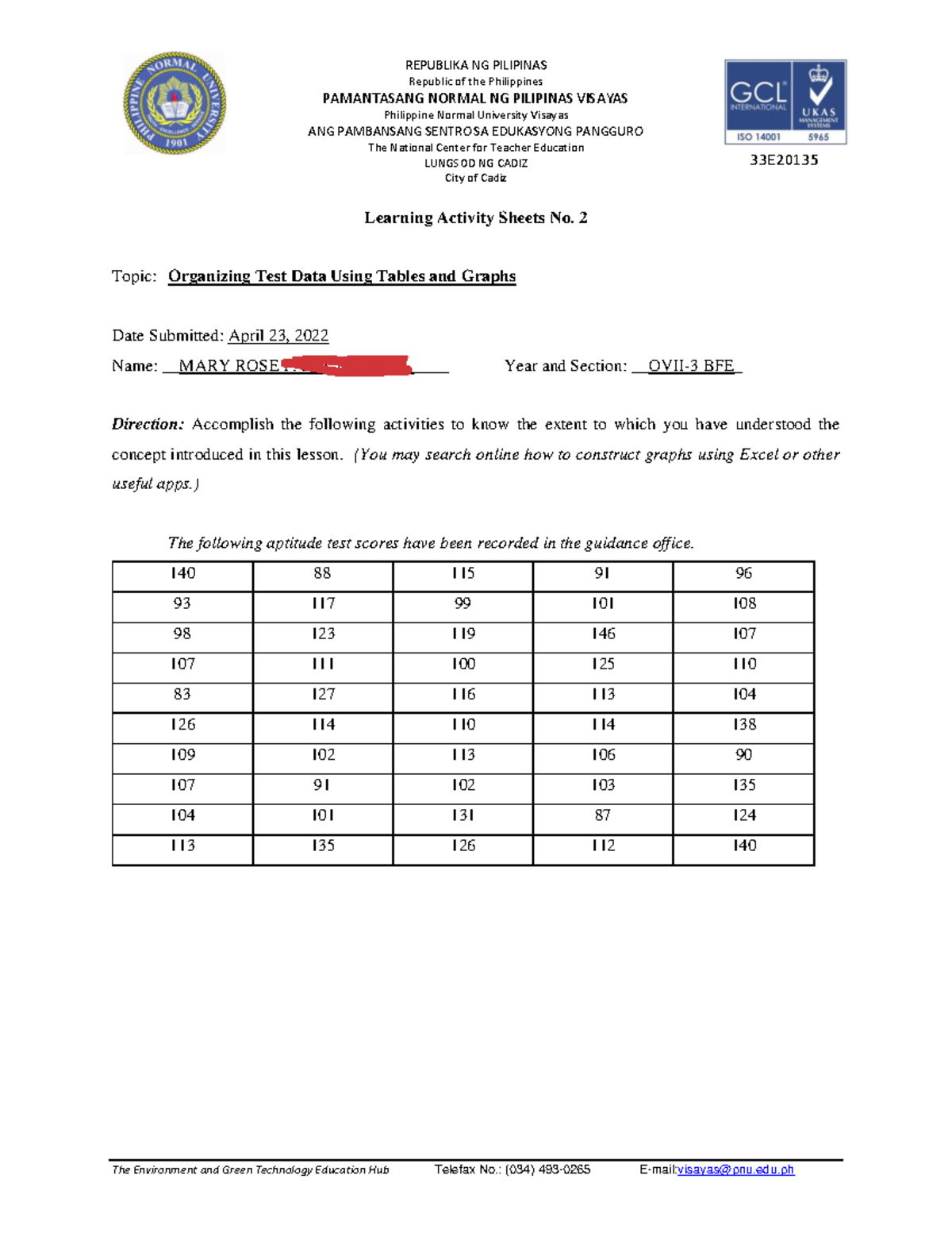 Activity in Organizing Test Data Using Tables and Graphs - Republic of ...