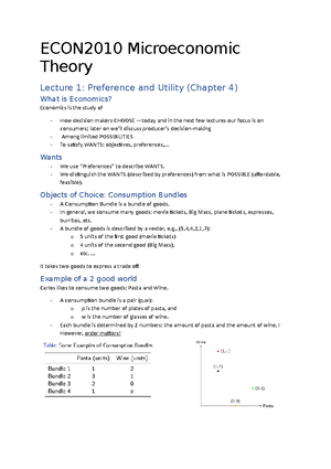 Tutorial Exercise 1 - Preferences and Utility - ECON2010 MICROECONOMIC THEORY TUTORIAL EXERCISE ...