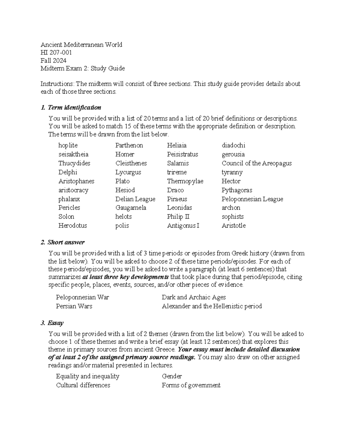 HI 207-001 Fall 2024 Midterm Exam 2 Study Guide for Ancient ...