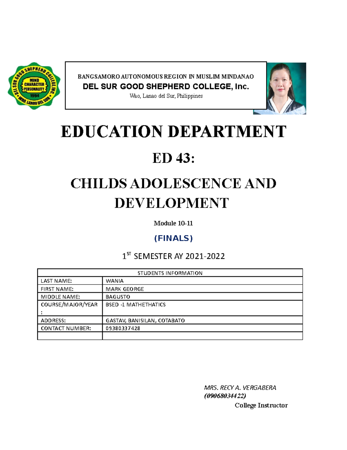 ED43-LECTURENOTES - EDUCATION DEPARTMENT ED 43: CHILDS ADOLESCENCE AND ...