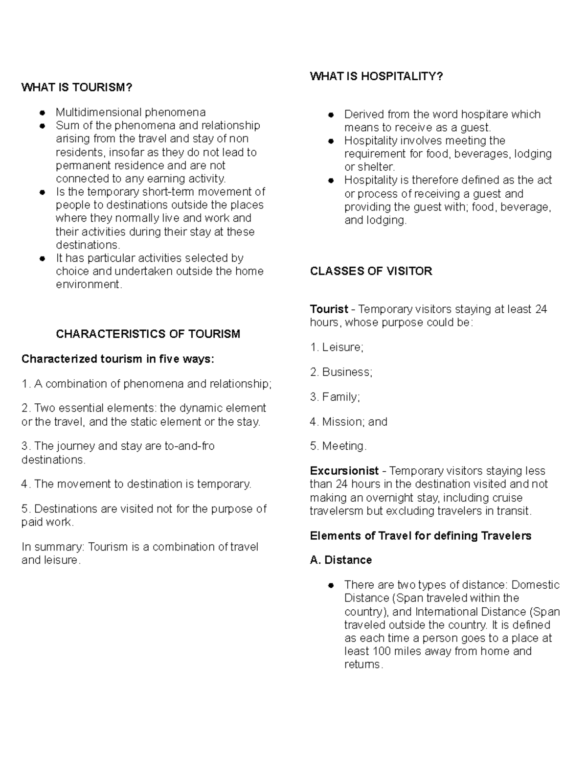 TOURISM & HOSPITALITY: Key Concepts & Characteristics (Handout-1) - Studocu