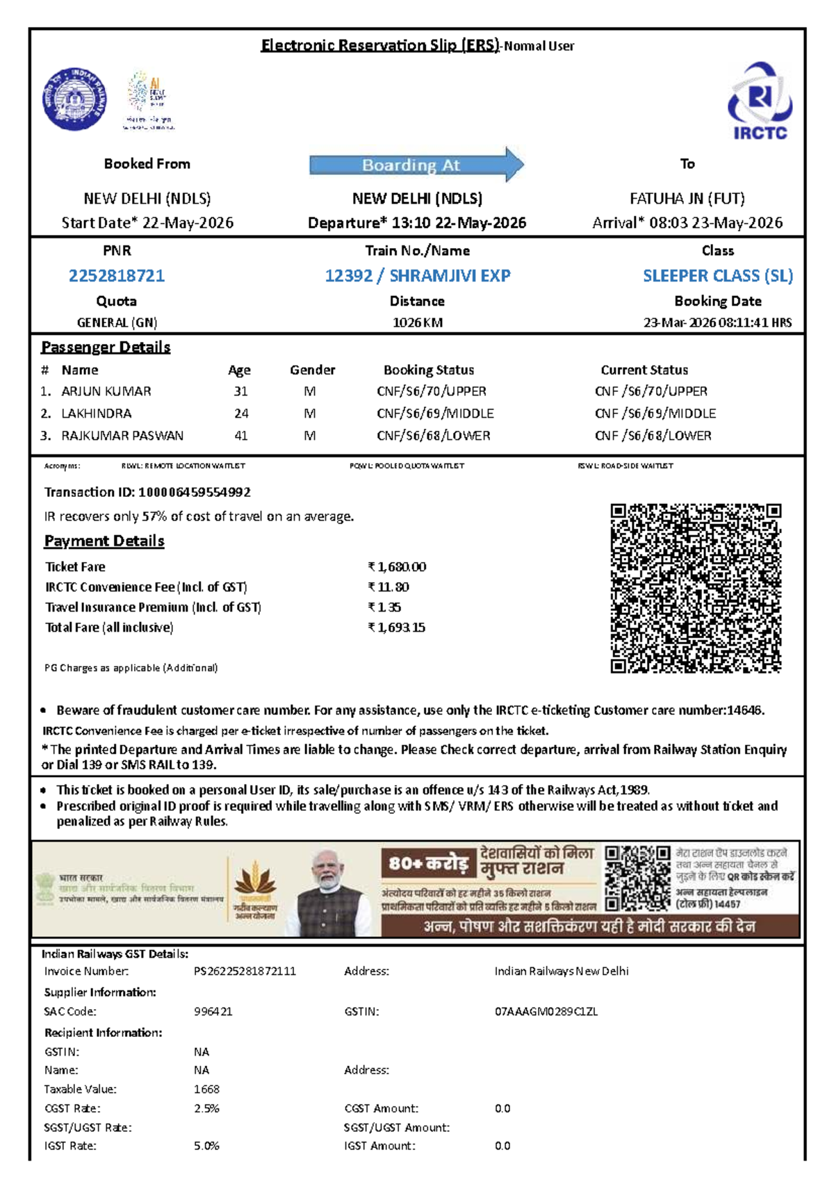 Electronic Reservation Slip for Train 12392: New Delhi to Fatuha - Studocu