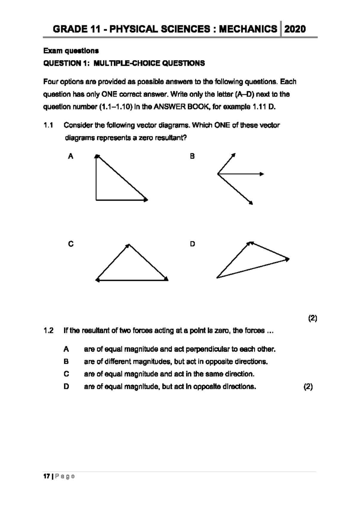 Grade 11 physical sciences: mechanics 2020 exam questions and answers ...