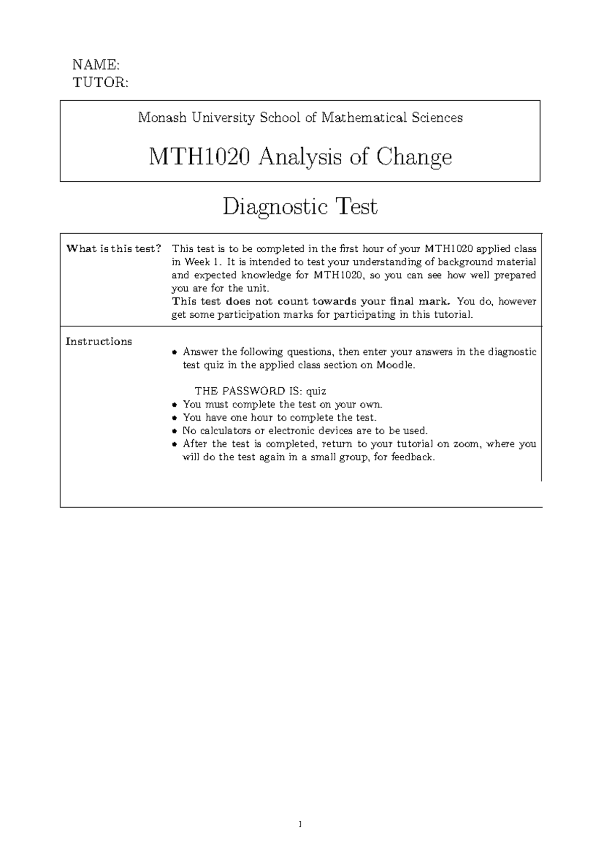 Diagnostic test - NAME: TUTOR: Monash University School of Mathematical ...