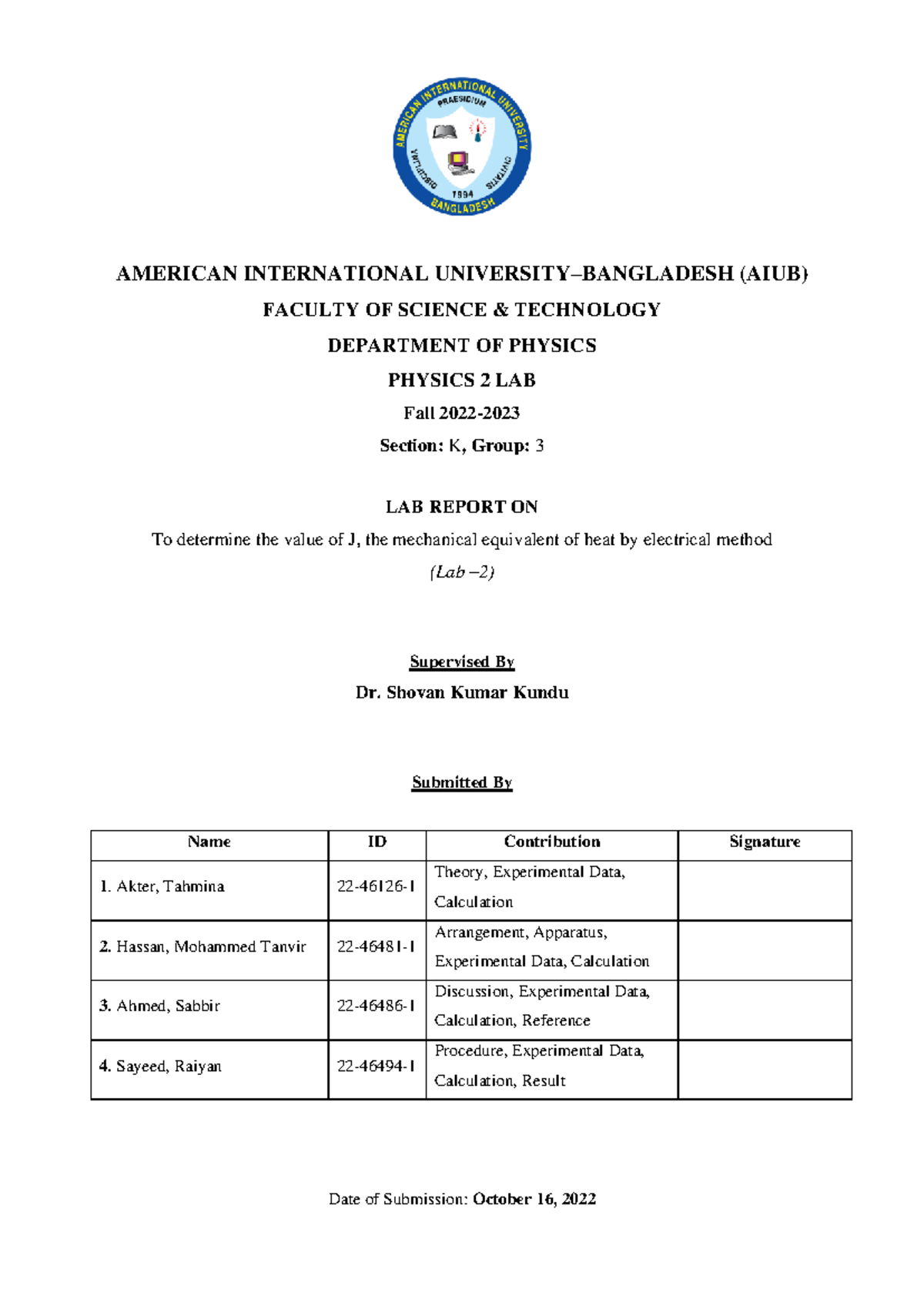 Lab Report on Determining the Mechanical Equivalent of Heat (J ...