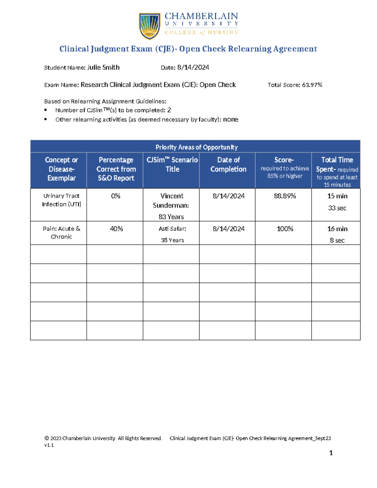 Clinical Judgment Exam (CJE) Open Check Relearning Agreement Details - Studocu