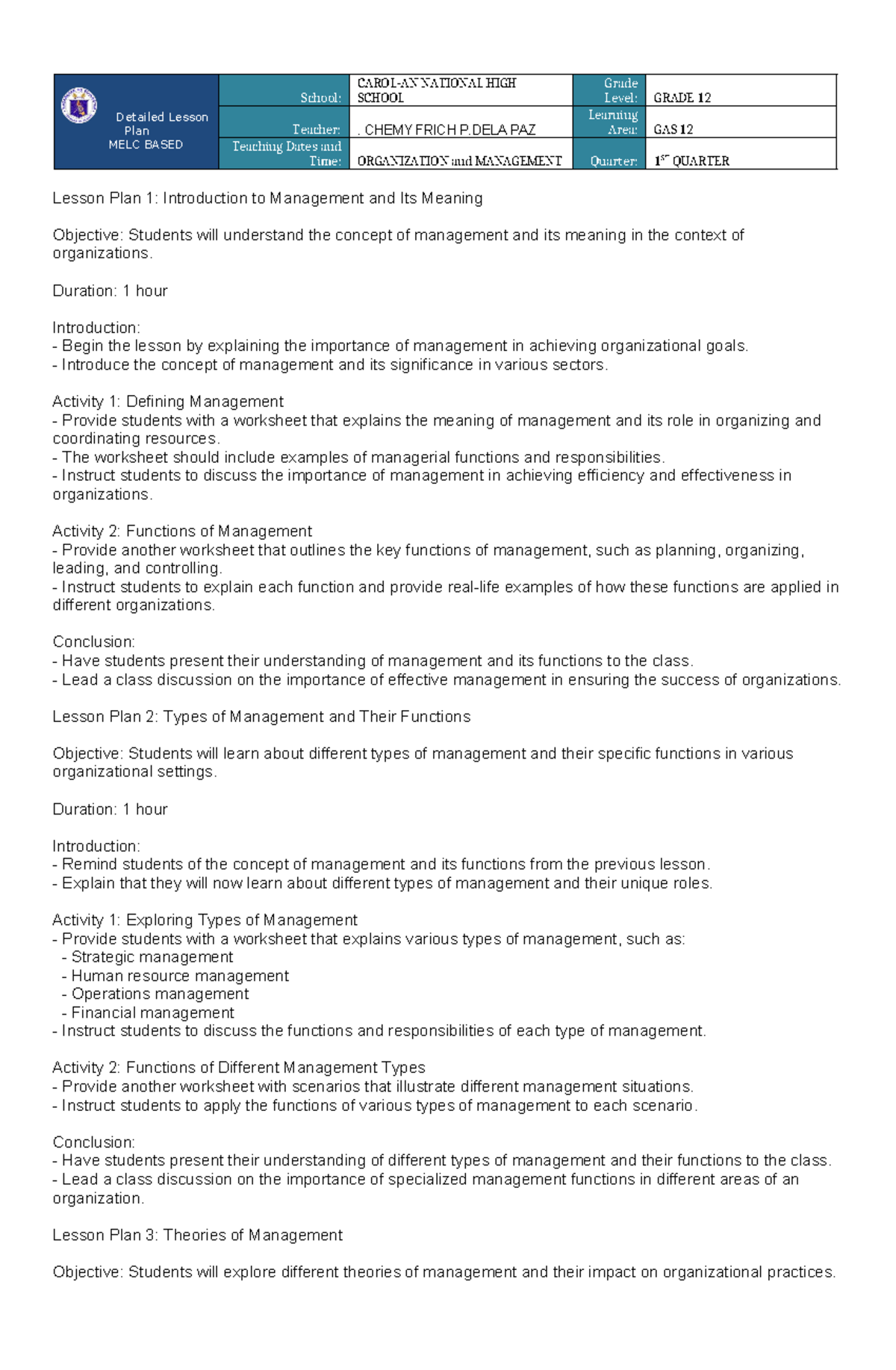 Organization and Management Q1 DLP: Detailed Lesson Plans - Studocu