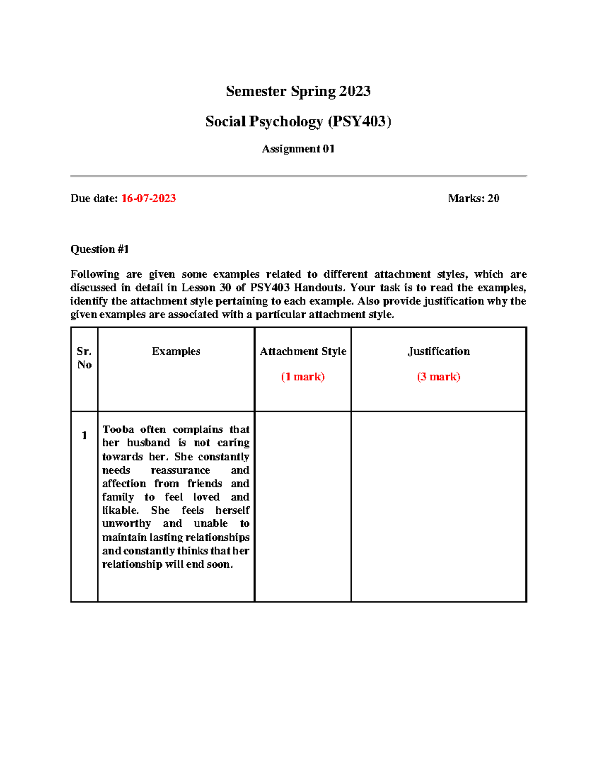 Spring 2023 PSY403 1 - Semester Spring 2023 Social Psychology (PSY403) Assignment 01 Due date ...