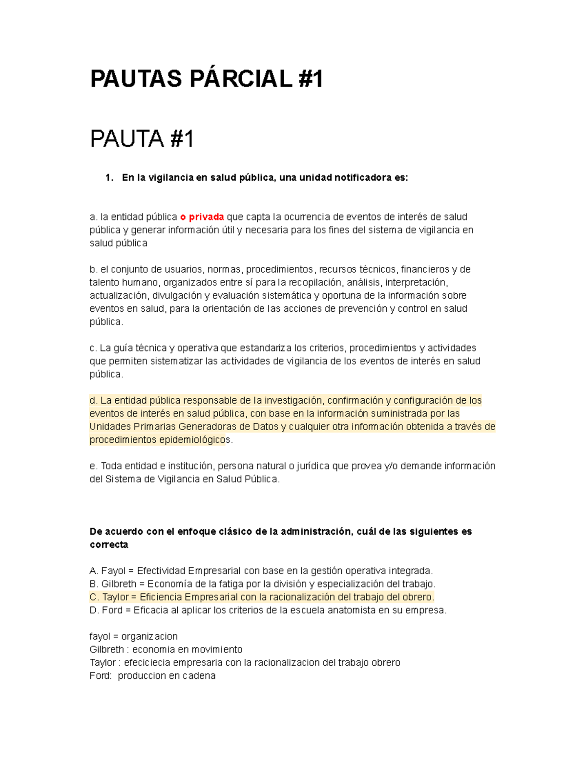 PAUTAS PARCIAL 1: Vigilancia en Salud Pública y Administración - Studocu