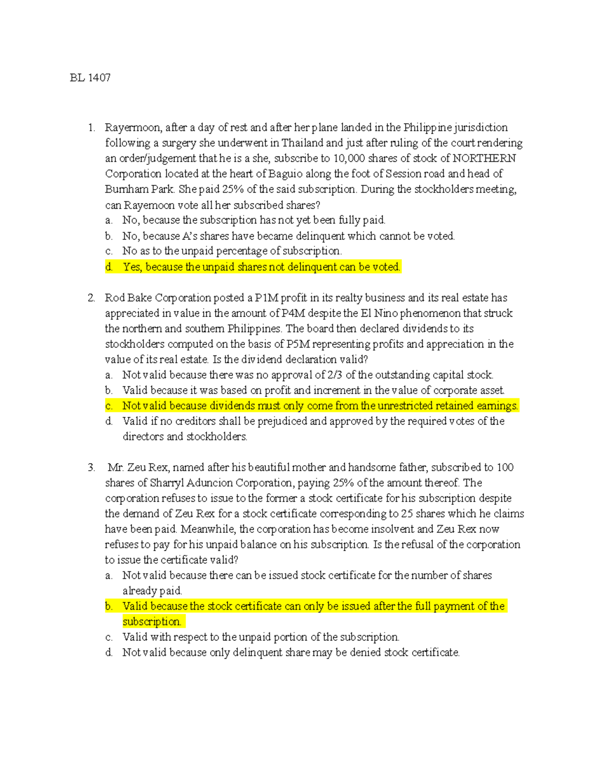 BL.M-1407. Law on Corporations: Key Concepts & Exam Questions - Studocu
