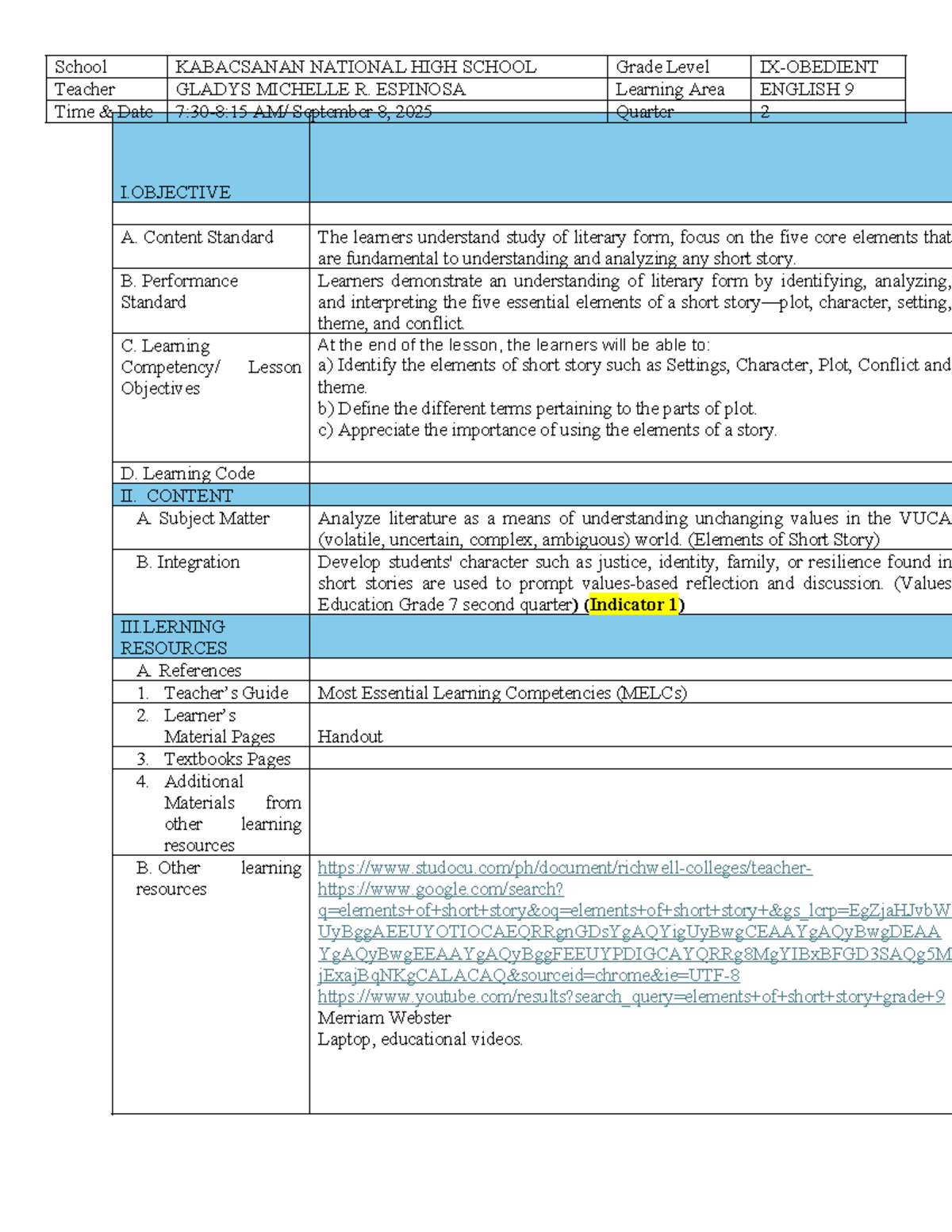 ENGLISH 9 Lesson Plan: Understanding Elements of Short Story - Studocu