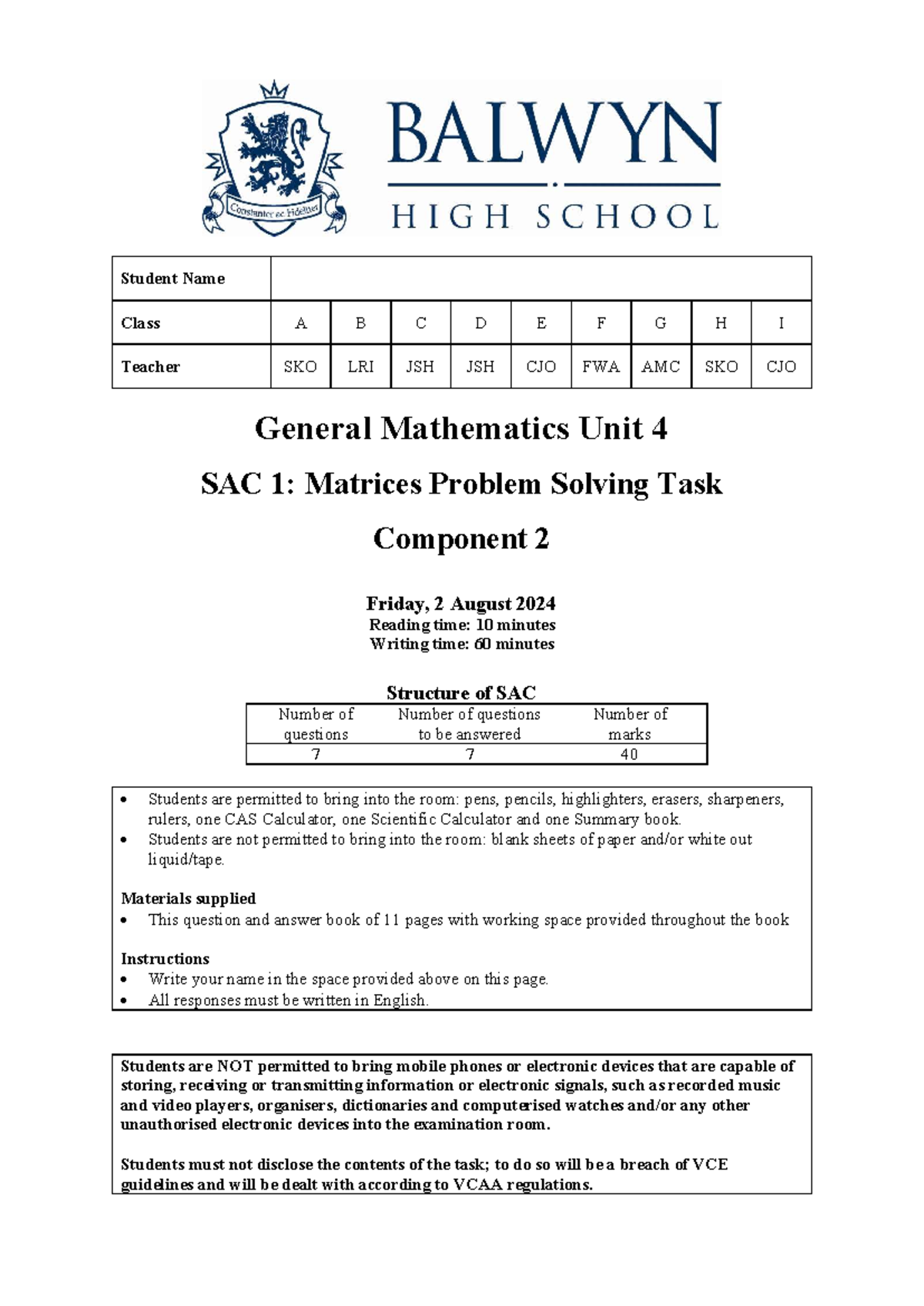 2024 12 MAG Unit 4 SAC 1 C2: Matrices Problem Solving Task - Studocu