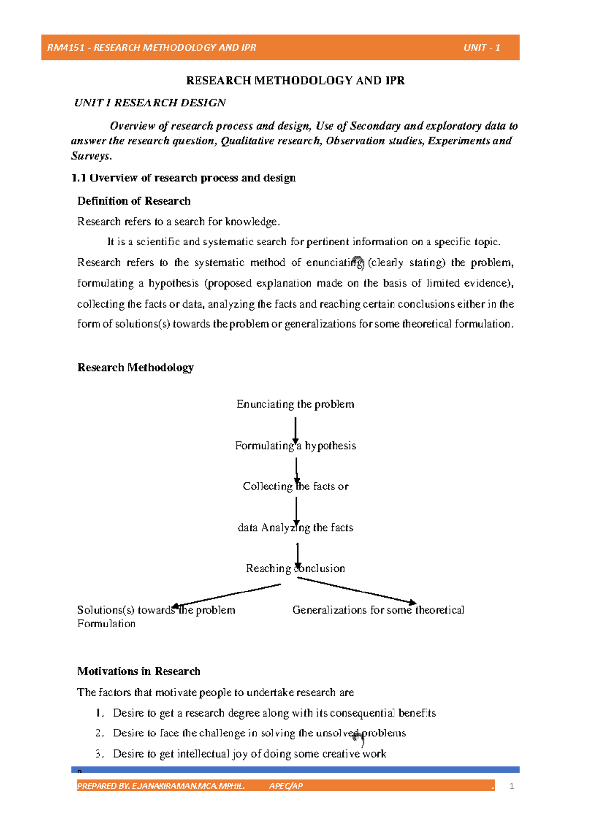 Research methodology unit 1 230215 151157 - P RESEARCH METHODOLOGY AND ...