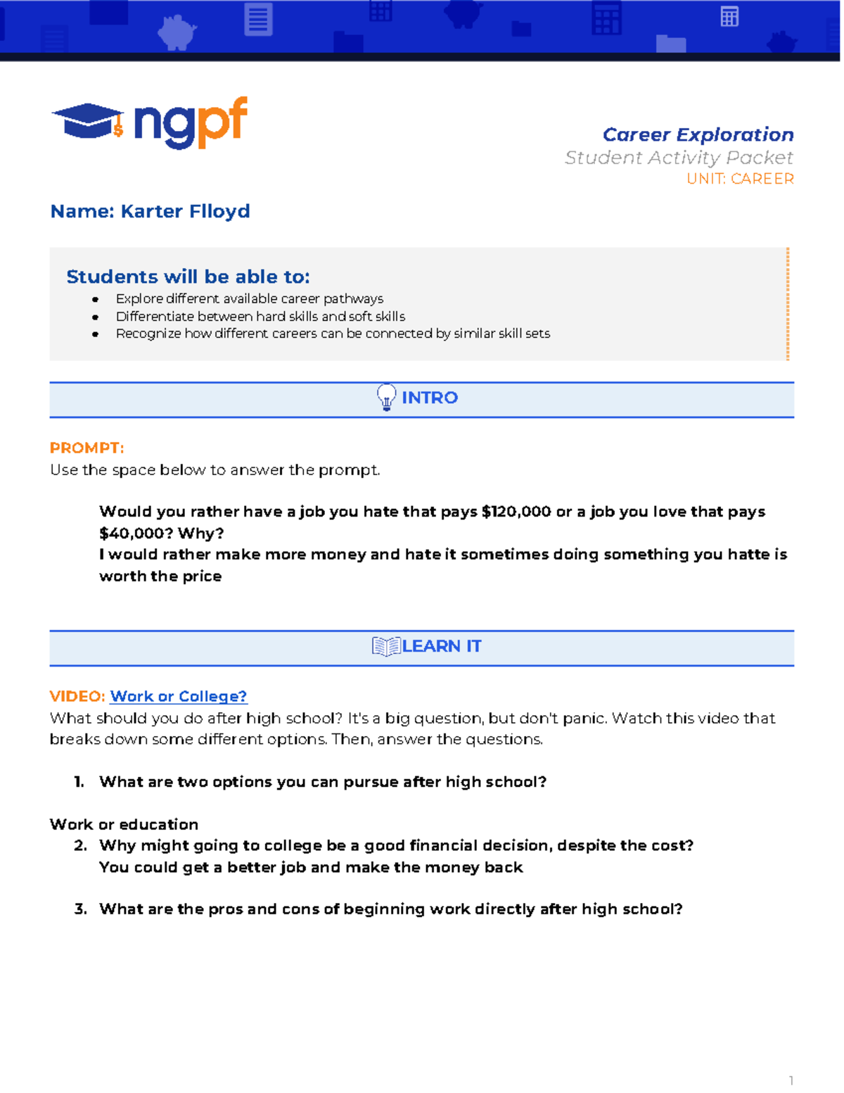 Unit 1: Career Options Overview - Student Activity Packet (1/7/25 ...