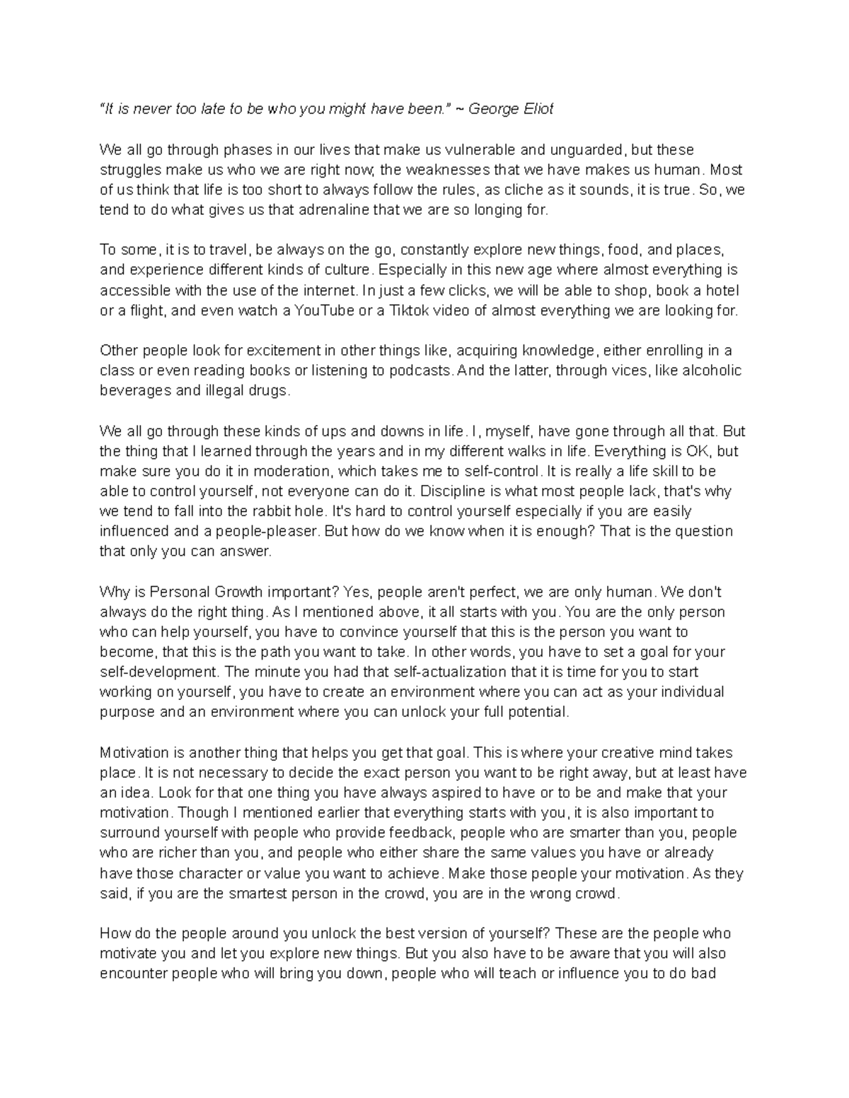 Personal Growth Insights - Essay Notes - Studocu