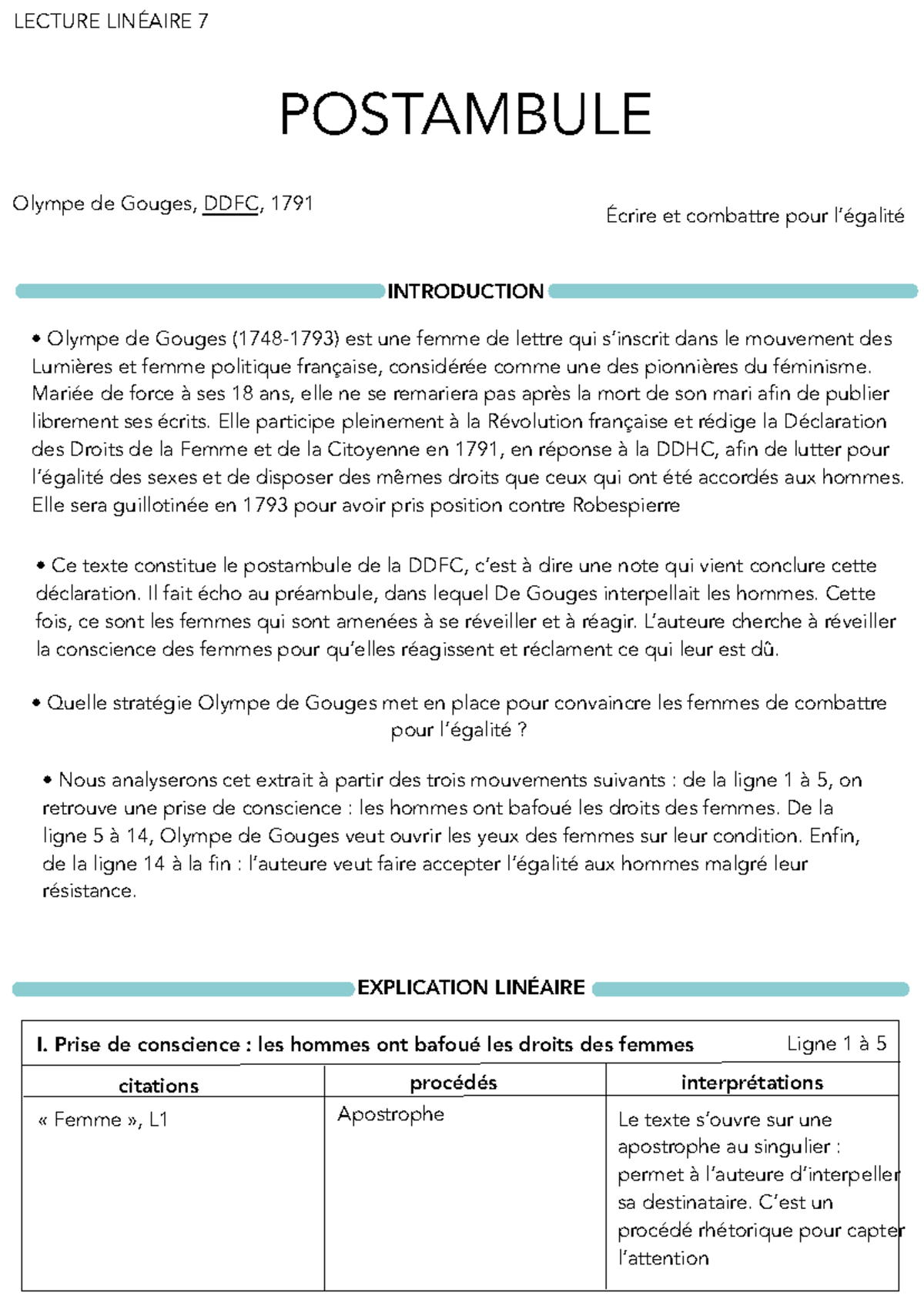 Analyse linéaire du Postambule DDFC d'Olympe de Gouges - Studocu