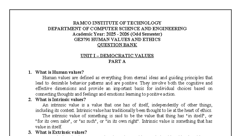 GE3791 HUMAN VALUES AND ETHICS QUESTION BANK - UNIT I & II NOTES - Studocu