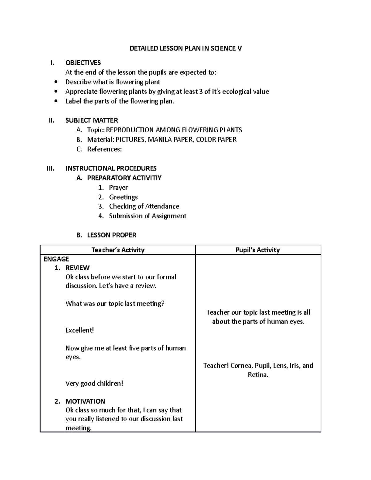 Science LP - 5E's Detailed Lesson Plan on Flowering Plants - Studocu