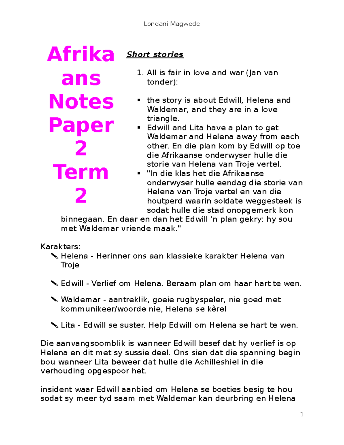 Afrikaans Notes: Paper 2 Term 2 - Short Stories Overview and Analysis ...